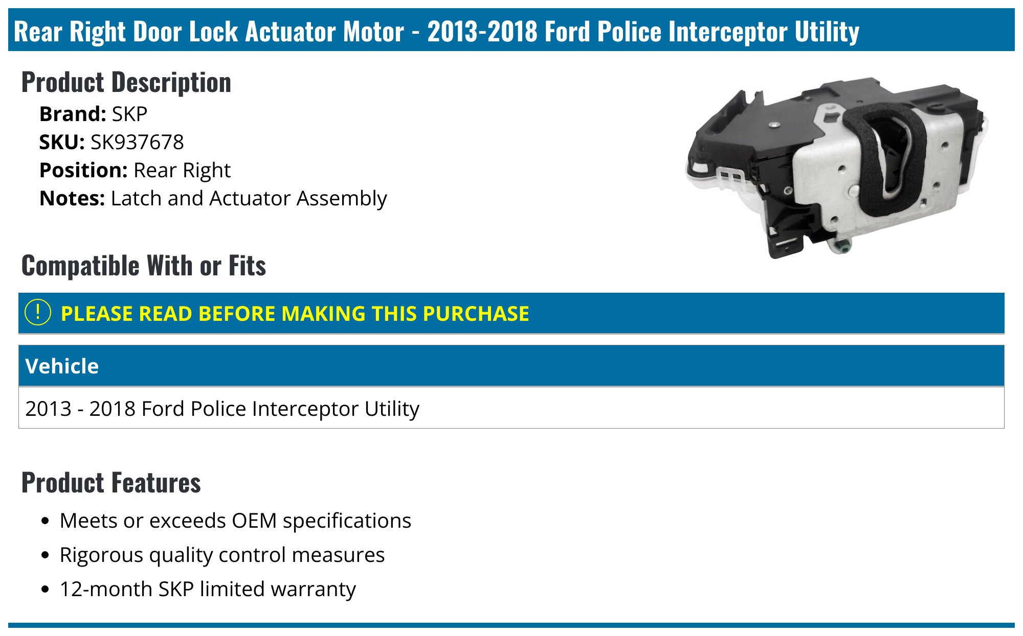 2013-2018 Ford Police Interceptor Utility Door Lock Actuator - SKP ...