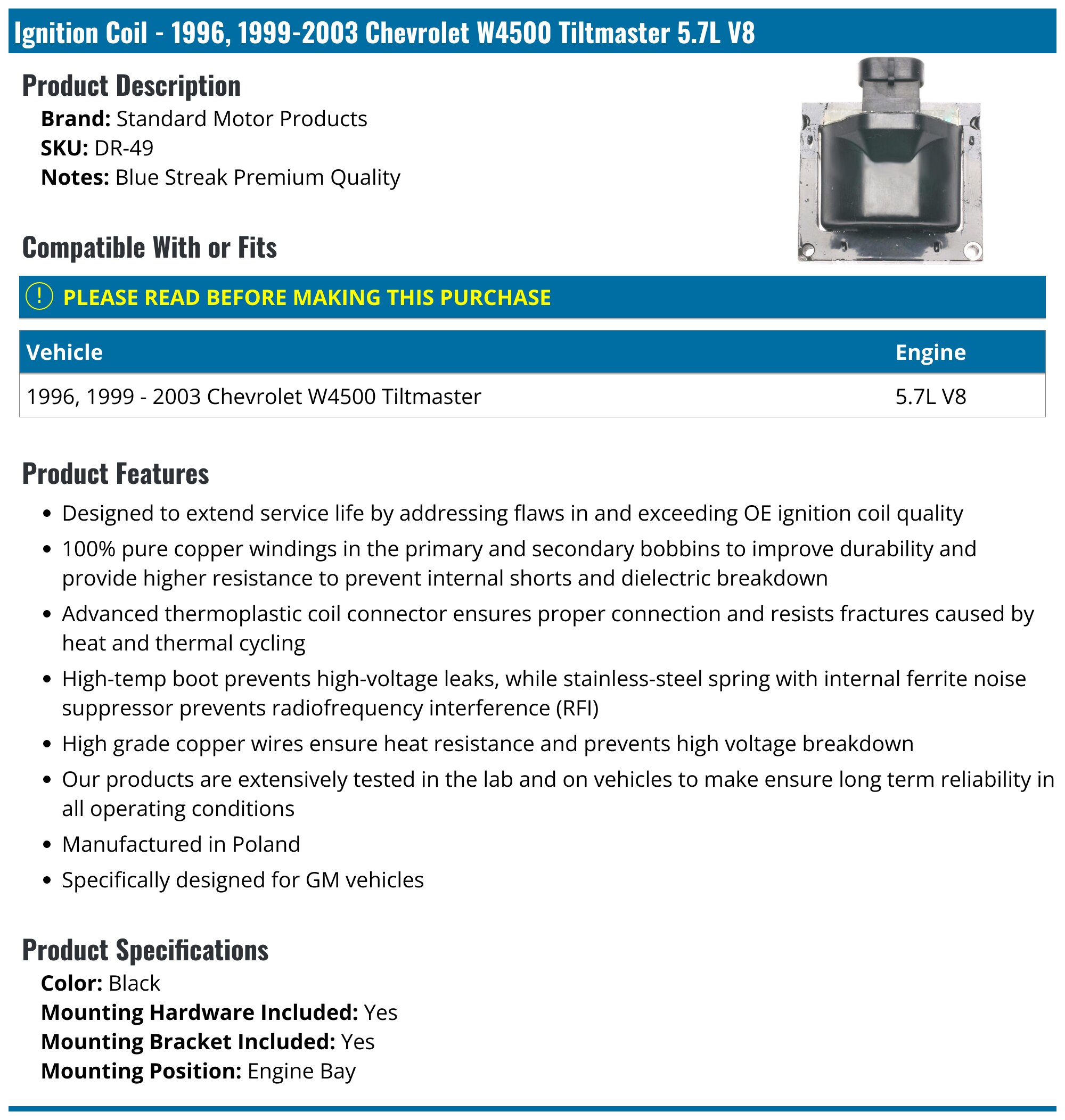 1996, 1999-2003 Chevrolet W4500 Tiltmaster Ignition Coil - Standard ...