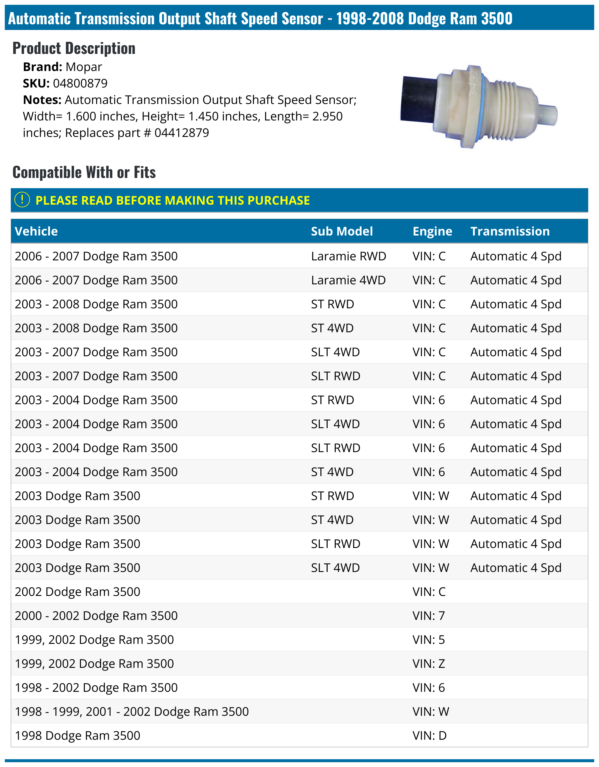 1998-1999, 2001-2008 Dodge Ram 3500 Automatic Transmission Output Shaft ...