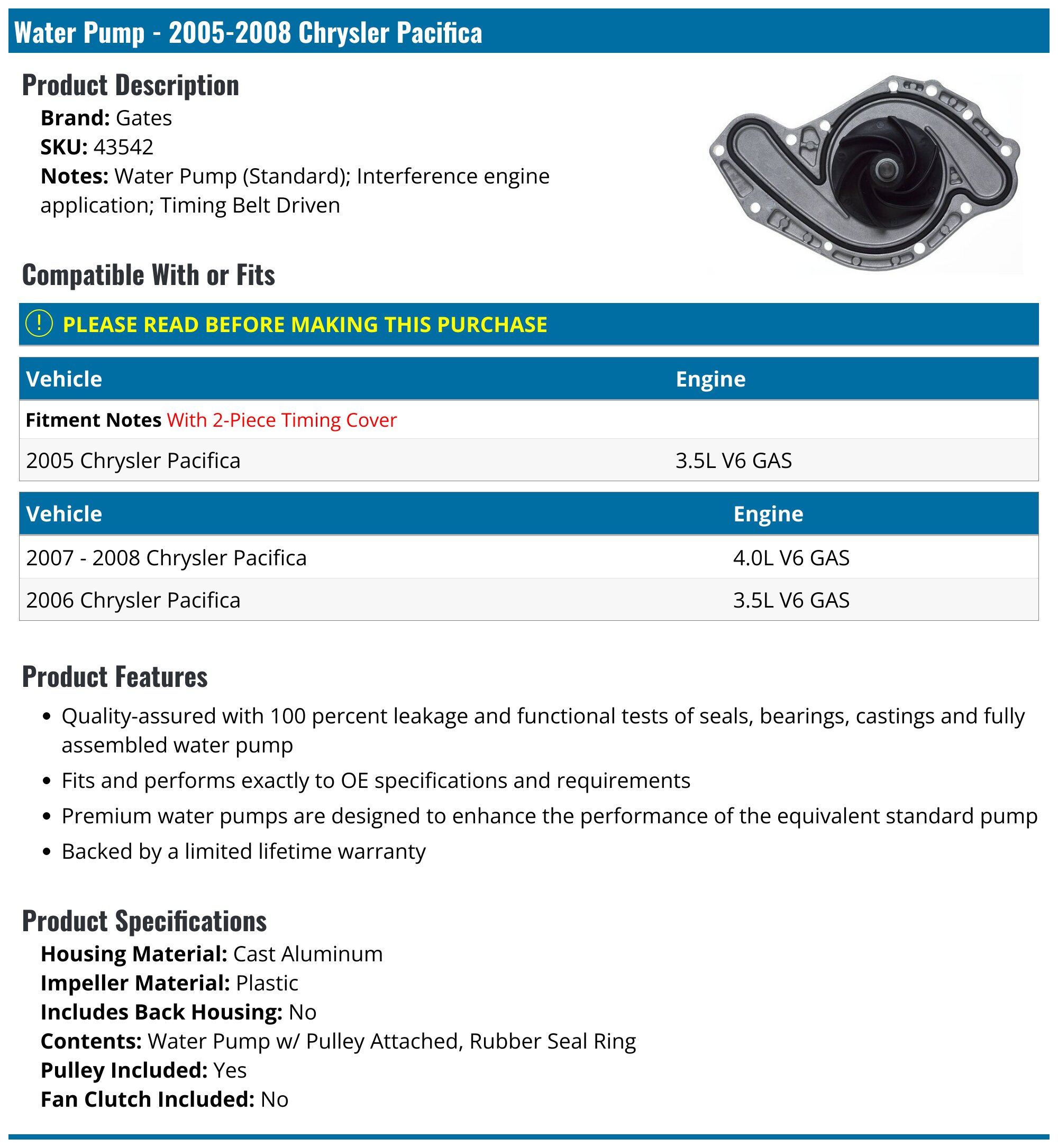 2005 Chrysler Pacifica Water Pump