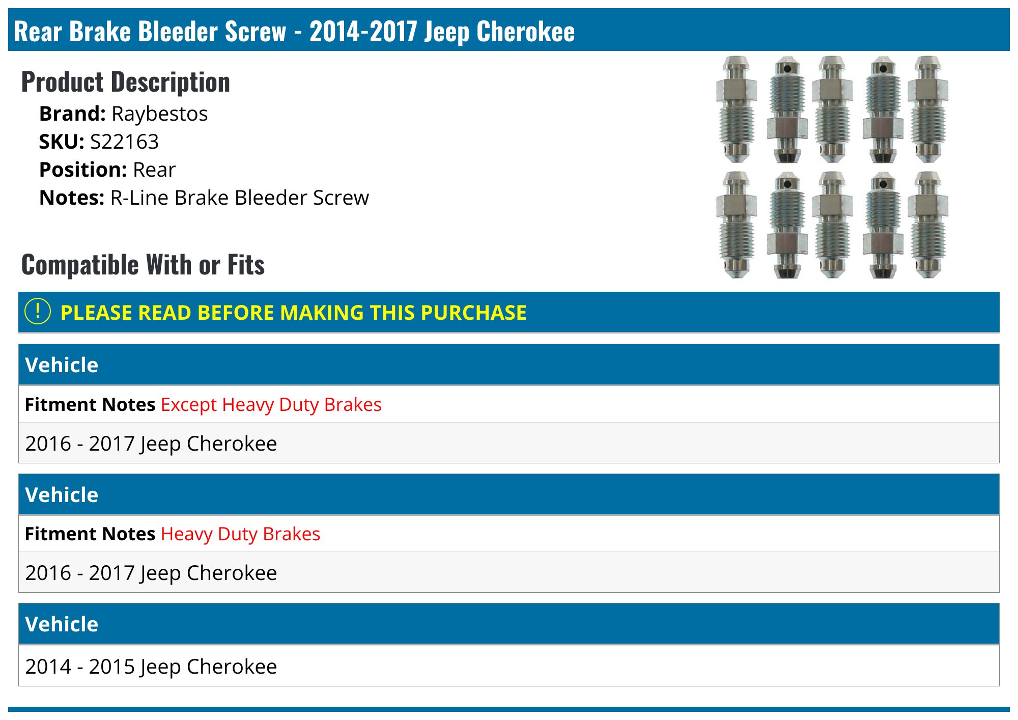 2014-2017 Jeep Cherokee Brake Bleeder Screw - Raybestos S22163 - Rear ...