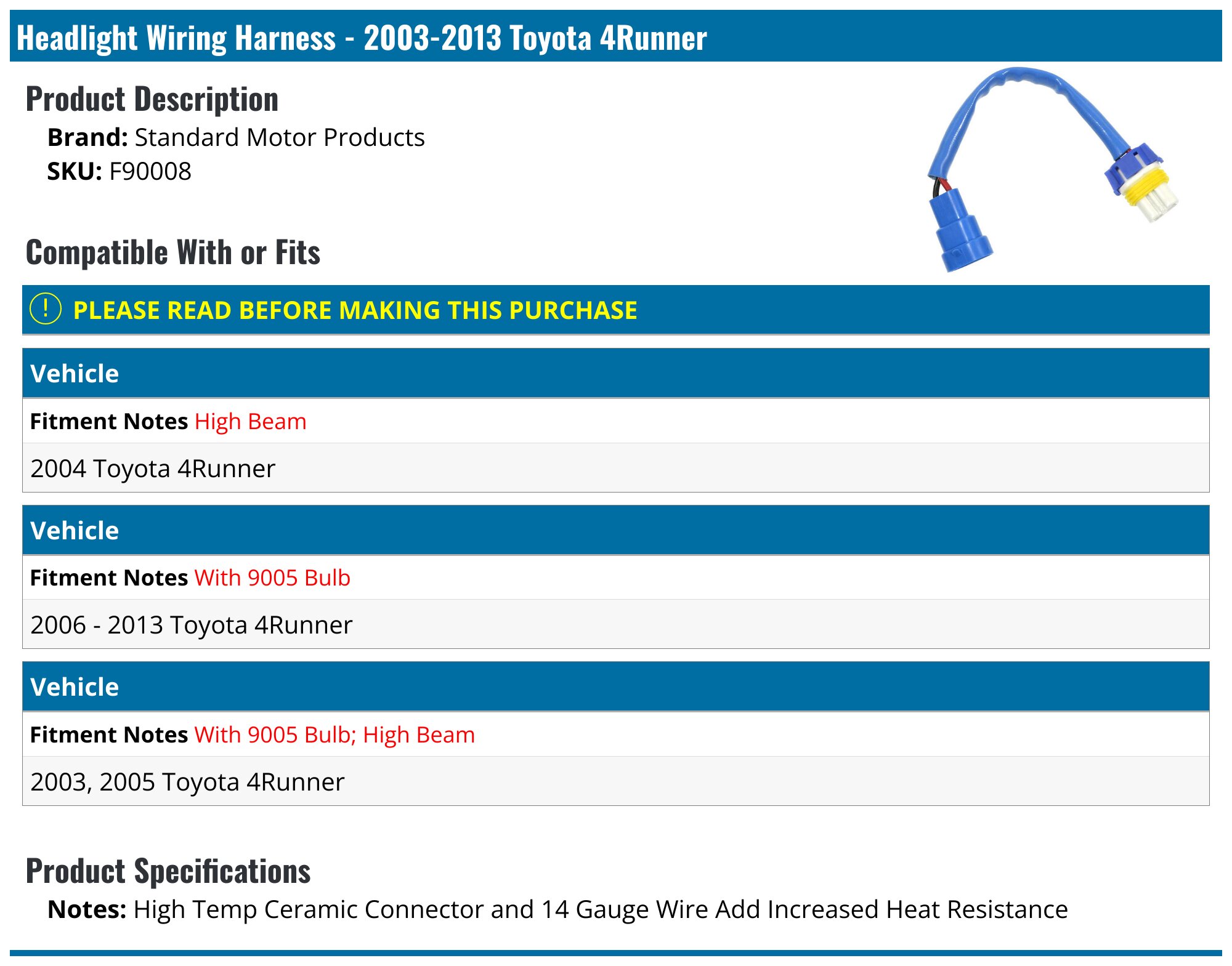 2003-2013 Toyota 4Runner Headlight Wiring Harness - Standard Motor ...