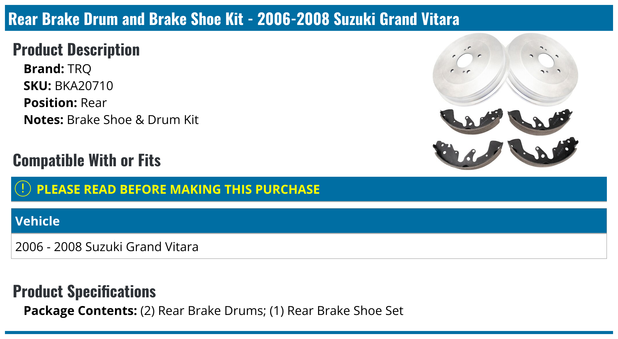 2006-2008 Suzuki Grand Vitara Brake Drum - TRQ BKA20710 - Rear ...