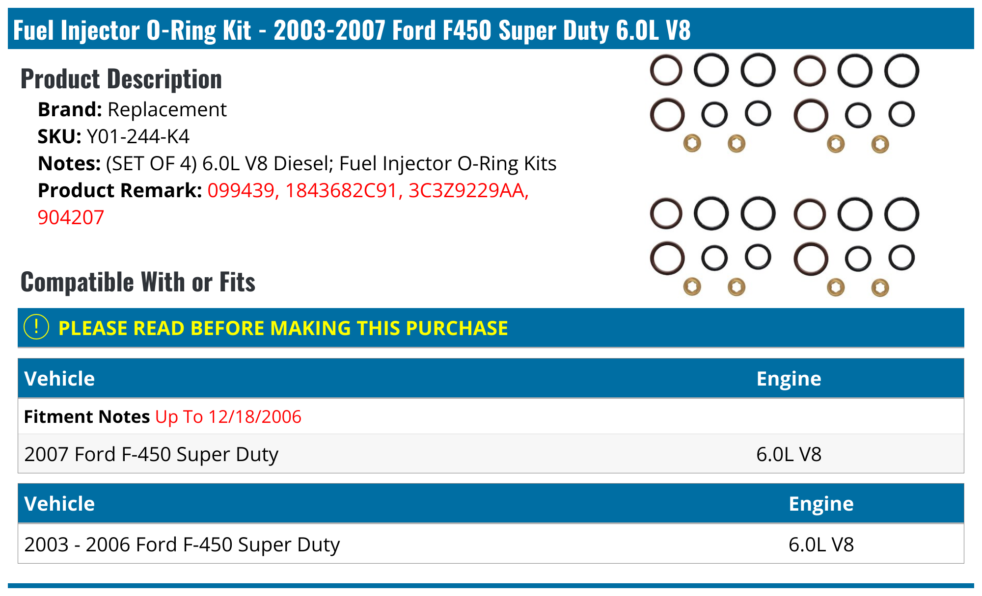 2003-2007 Ford F450 Super Duty Fuel Injector O-Ring - Replacement Y01 ...