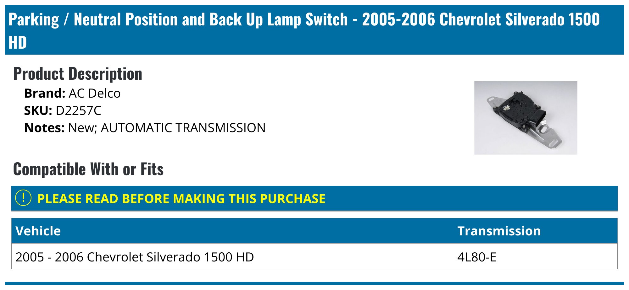 2005-2006 Chevrolet Silverado 1500 HD Parking / Neutral Position and ...