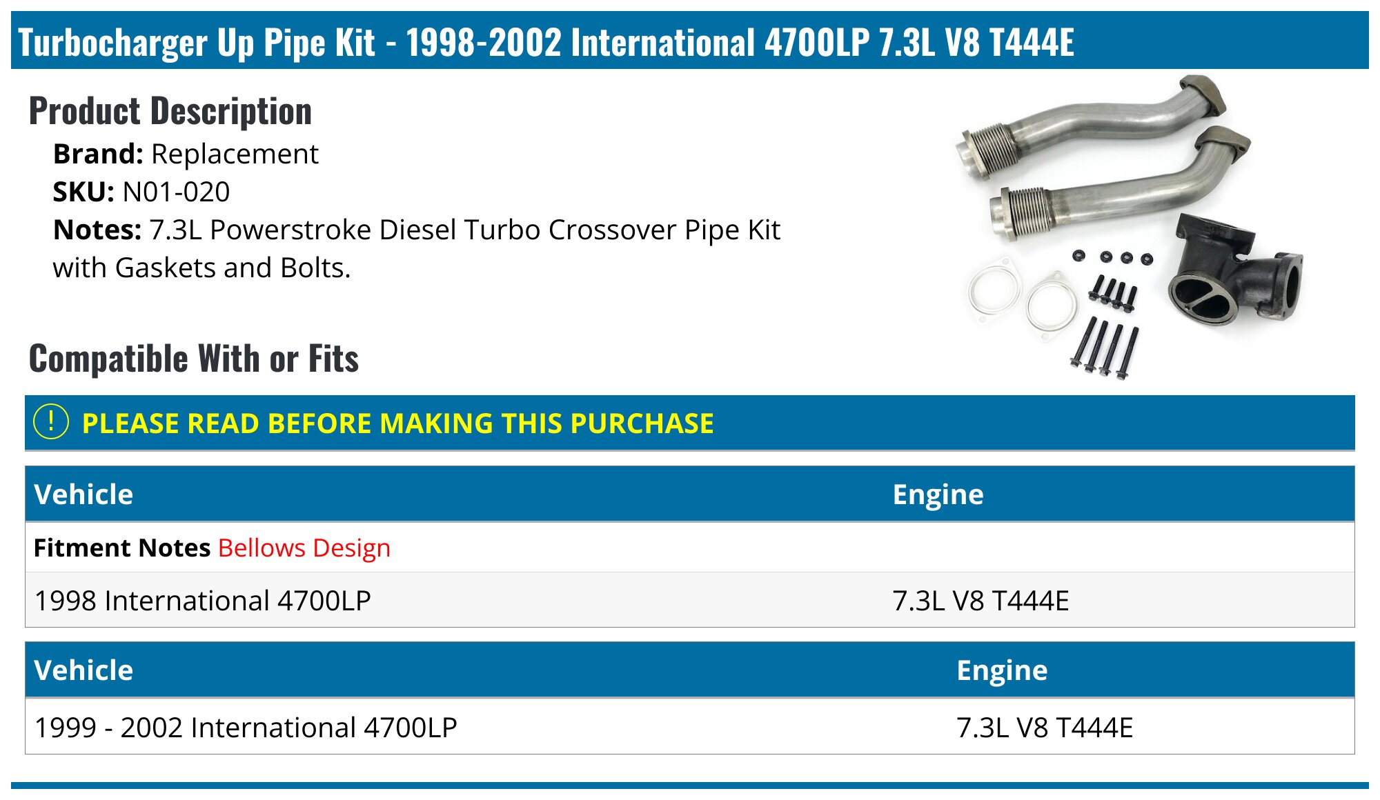 1998-2002 International 4700LP Turbocharger Up Pipe Kit - Replacement ...