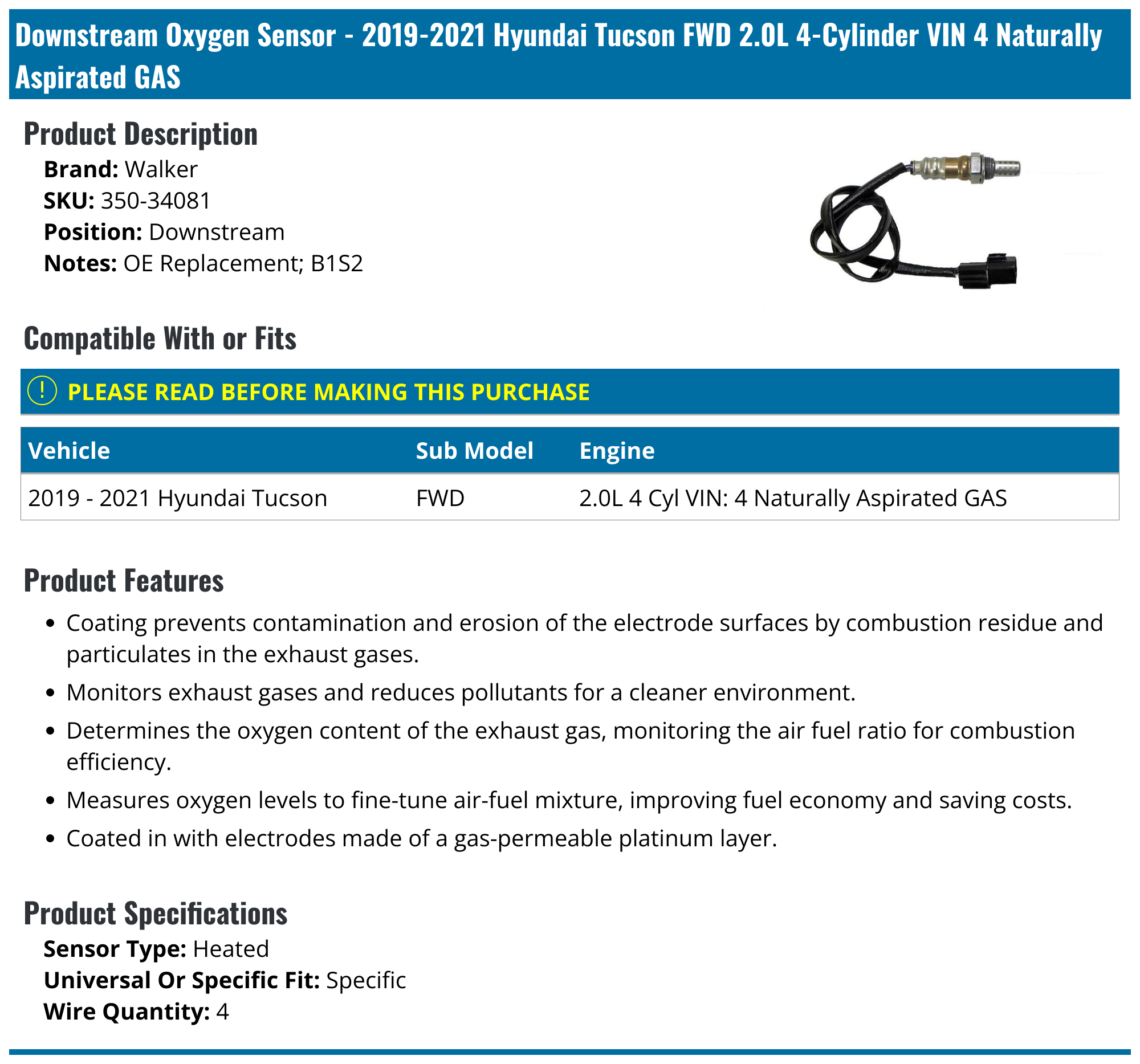 2018-2021 Hyundai Tucson Oxygen Sensor - Walker 350-34081 - Downstream ...