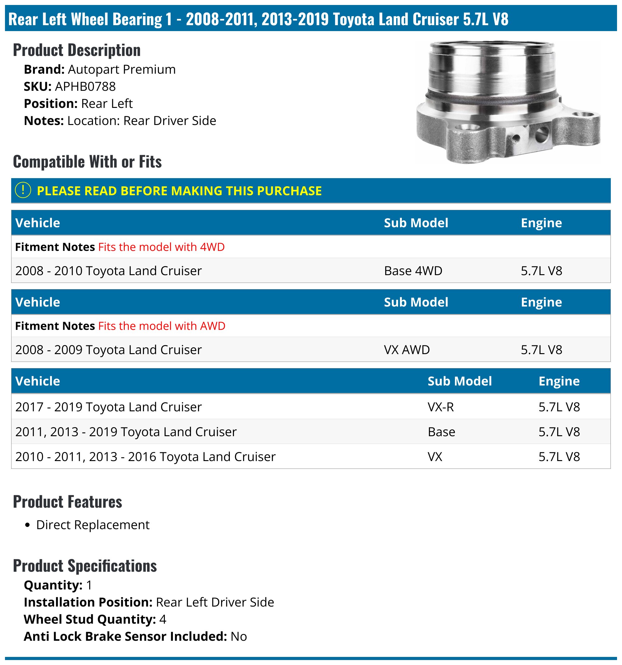 2008-2011, 2013-2019 Toyota Land Cruiser Wheel Bearing - Autopart ...