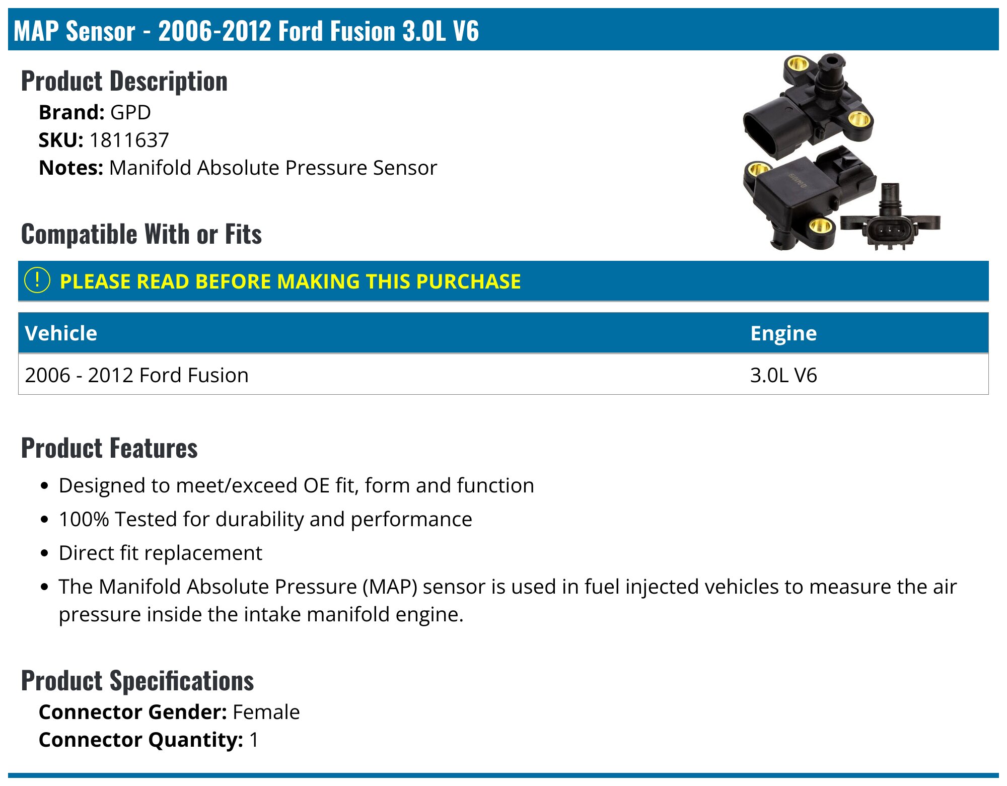 2006-2012 Ford Fusion MAP Sensor - GPD 1811637 - PartsGeek.com