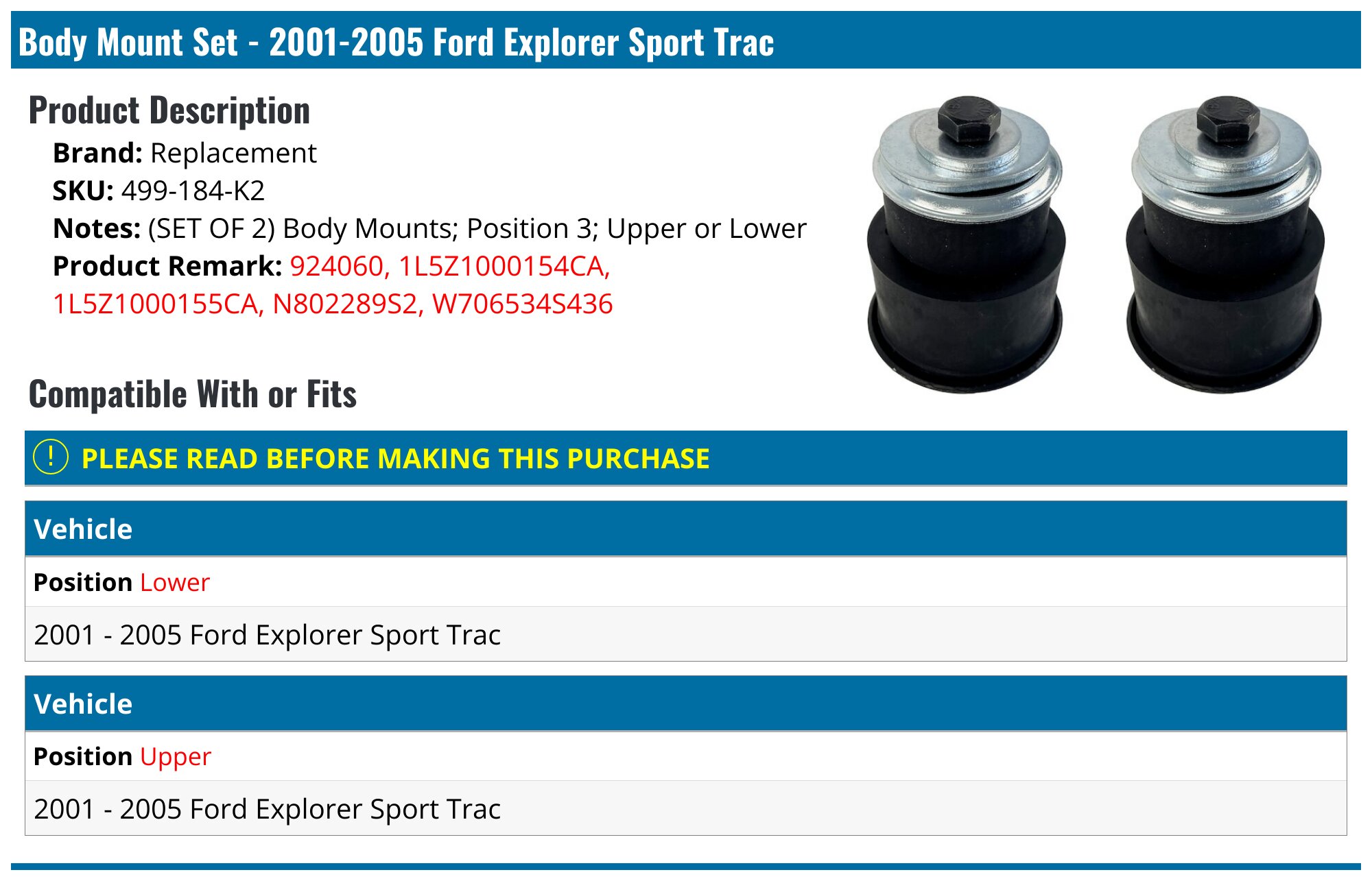 2001-2005 Ford Explorer Sport Trac Body Mount - Replacement 499-184-K2 ...