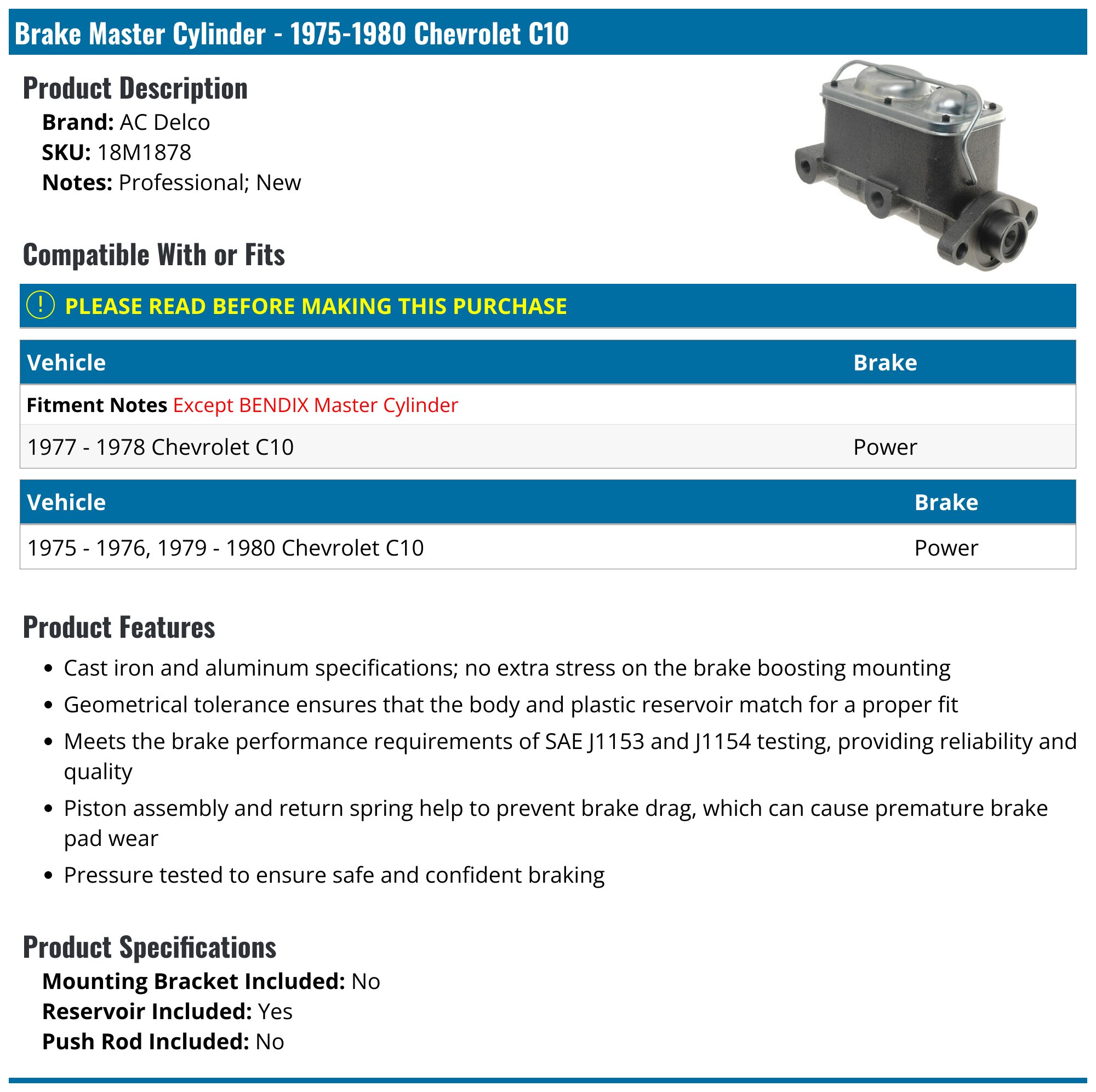 1975-1980 Chevrolet C10 Brake Master Cylinder - AC Delco 18M1878 ...