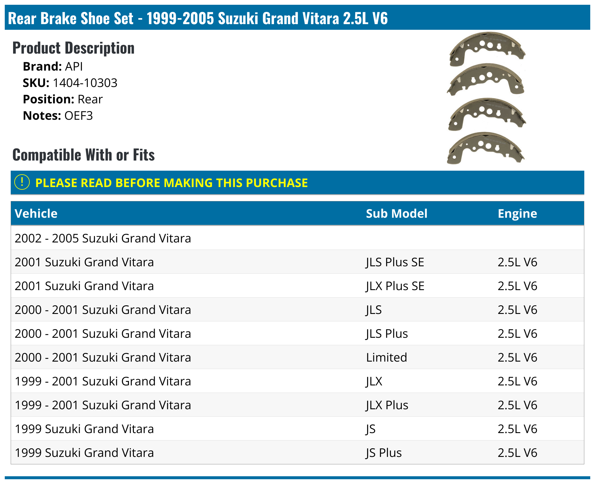 1999-2005 Suzuki Grand Vitara Brake Shoe Set - API 11-07824136 - Rear ...