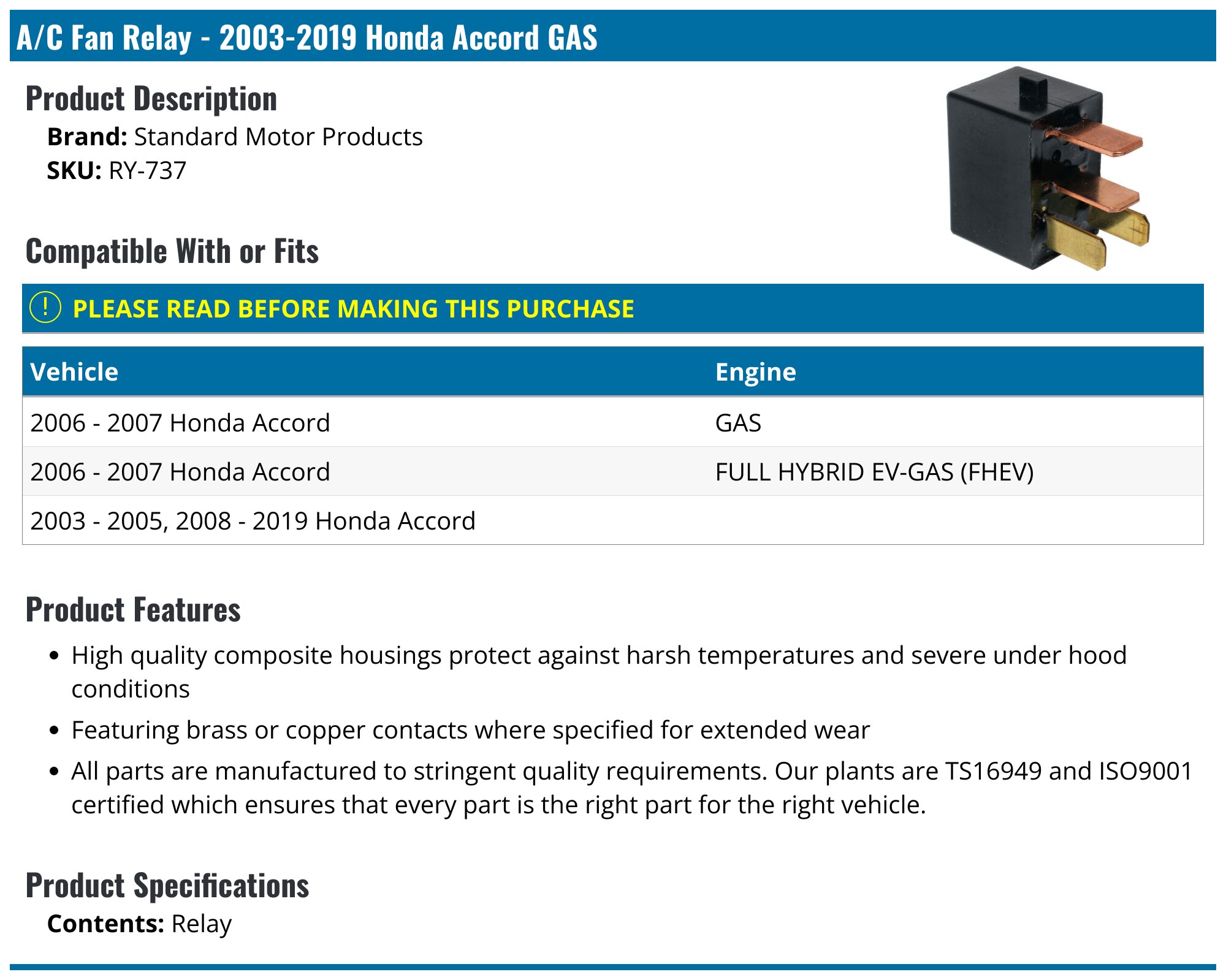 2003-2019 Honda Accord A/C Fan Relay - Standard Motor Products RY-737 ...