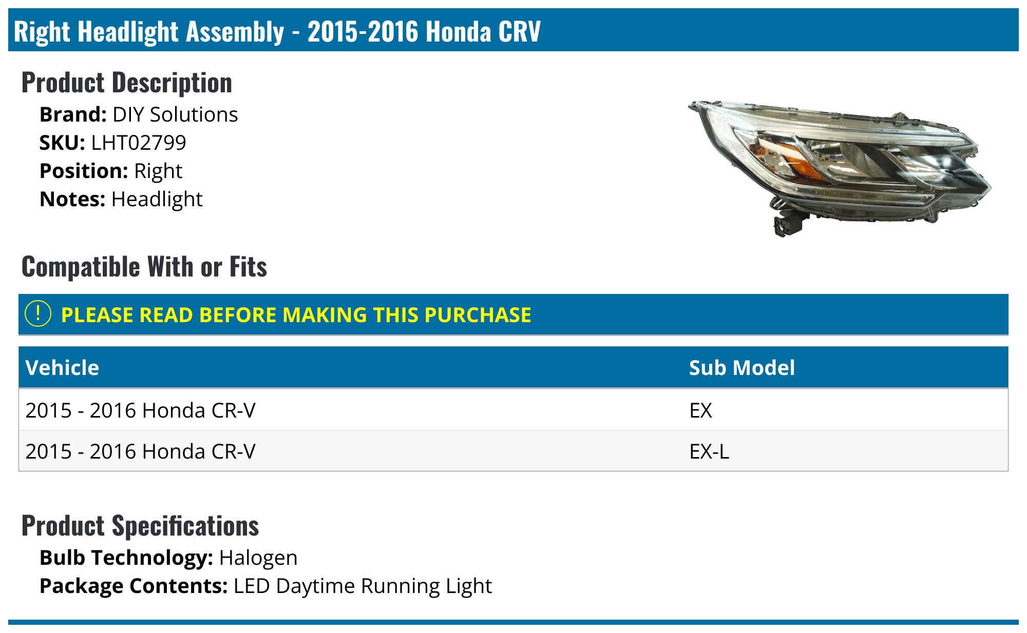 2016 Honda Crv Headlight Bulbnull