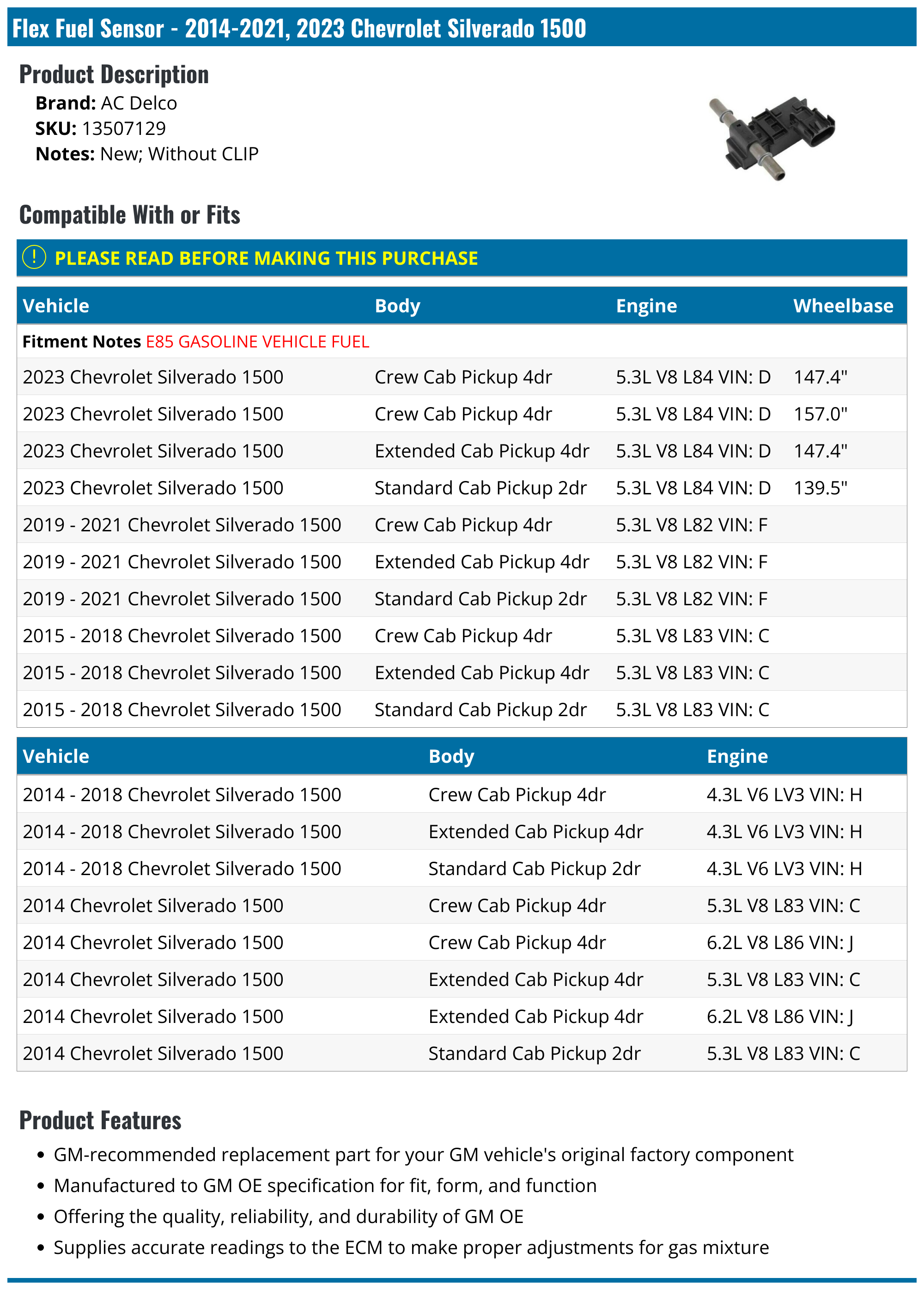 2014-2021, 2023-2025 Chevrolet Silverado 1500 Flex Fuel Sensor - AC ...
