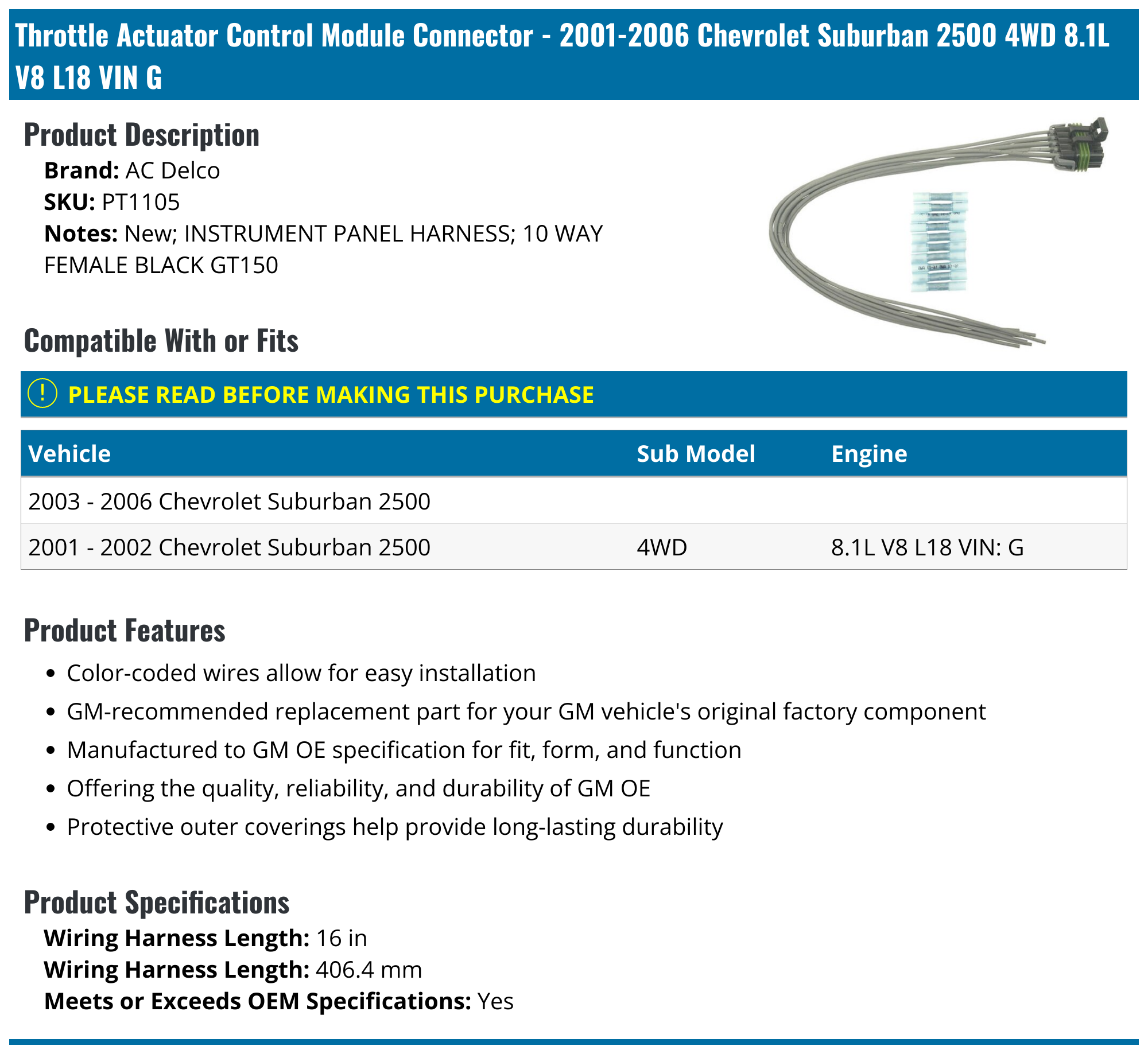 2001-2006 Chevrolet Suburban 2500 Throttle Actuator Control Module ...