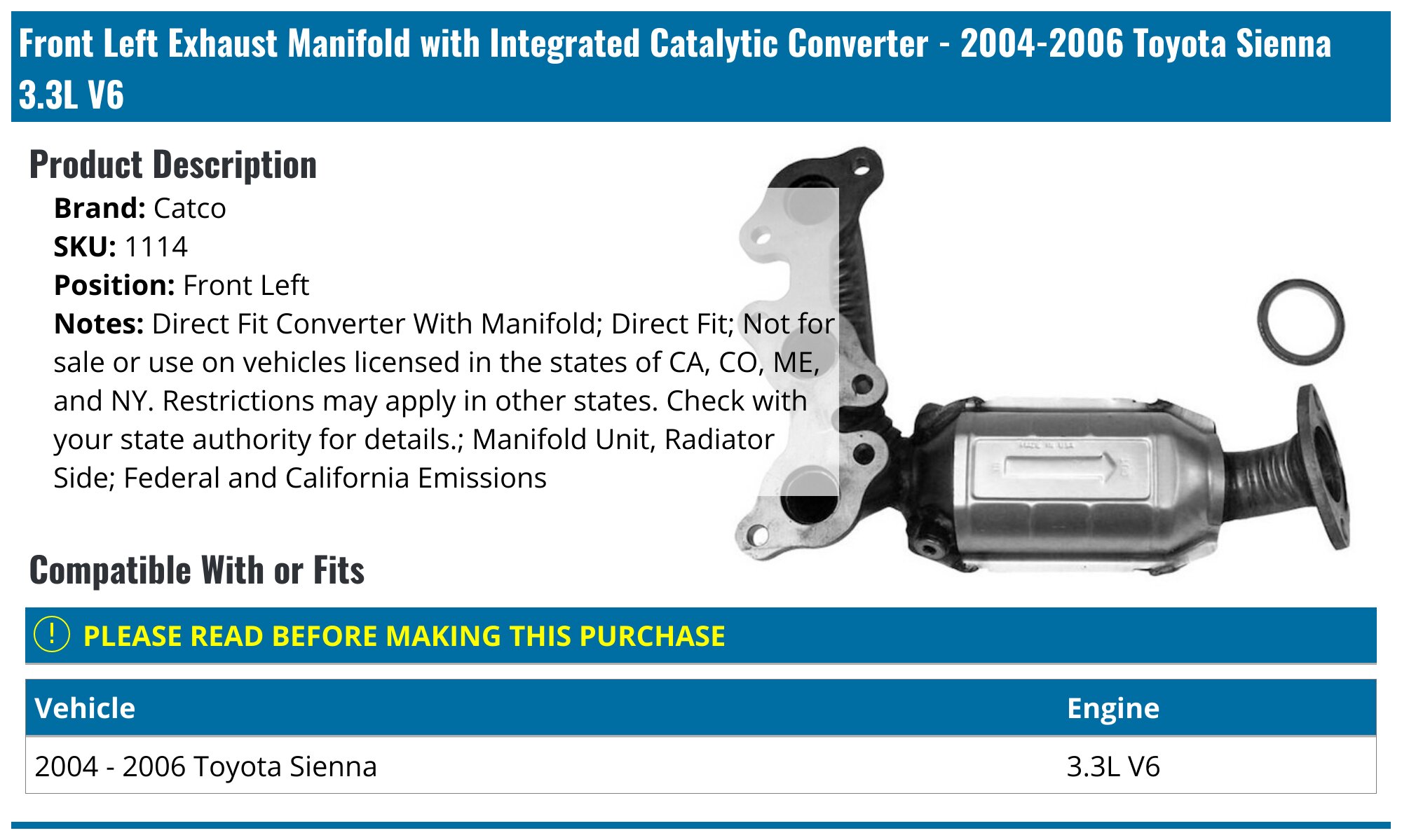 2004-2006 Toyota Sienna Catalytic Converter - Catco 1114 - Front Left ...
