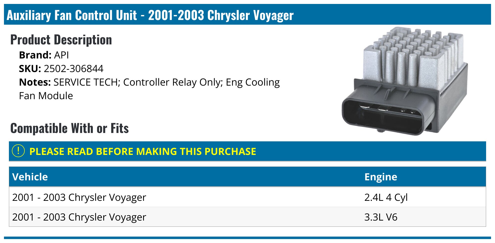 2001-2003 Chrysler Voyager Auxiliary Fan Control Unit - API 1580 ...