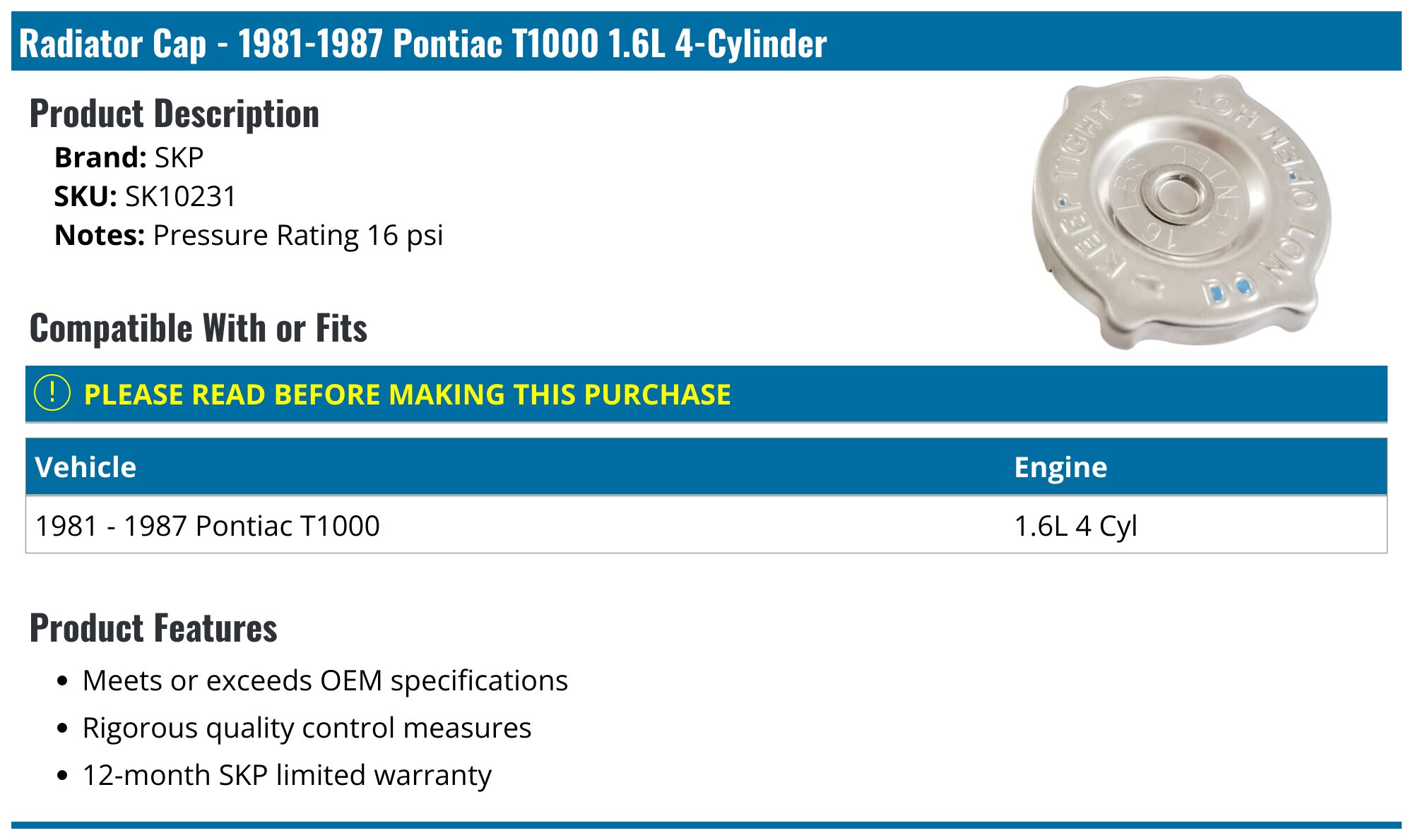 1981-1987 Pontiac T1000 Radiator Cap - SKP SK10231 - PartsGeek.com