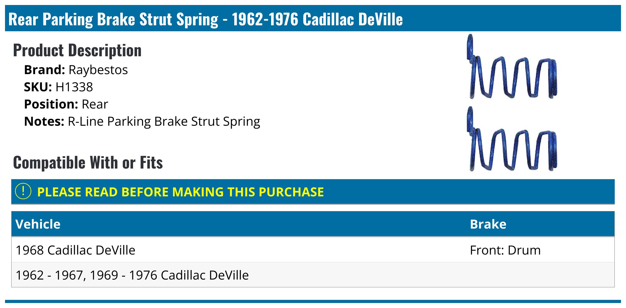 1962-1976 Cadillac DeVille Parking Brake Strut Spring - Raybestos H1338 ...