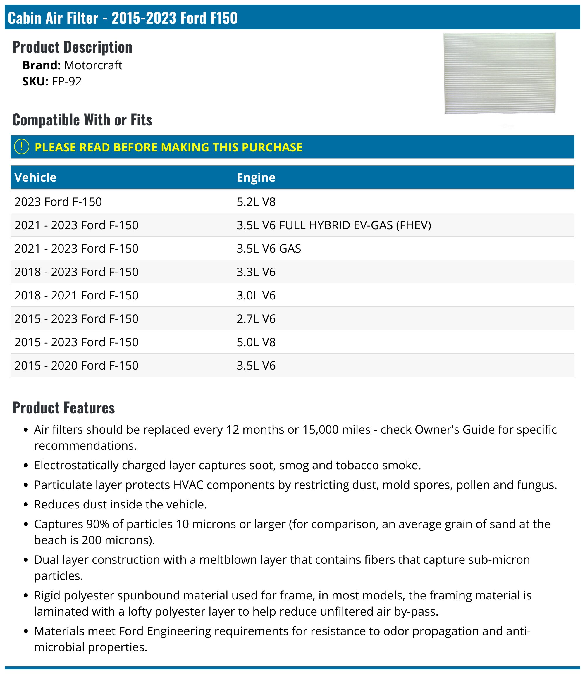 2015-2026 Ford F150 Cabin Air Filter - Motorcraft FP-92 - PartsGeek.com