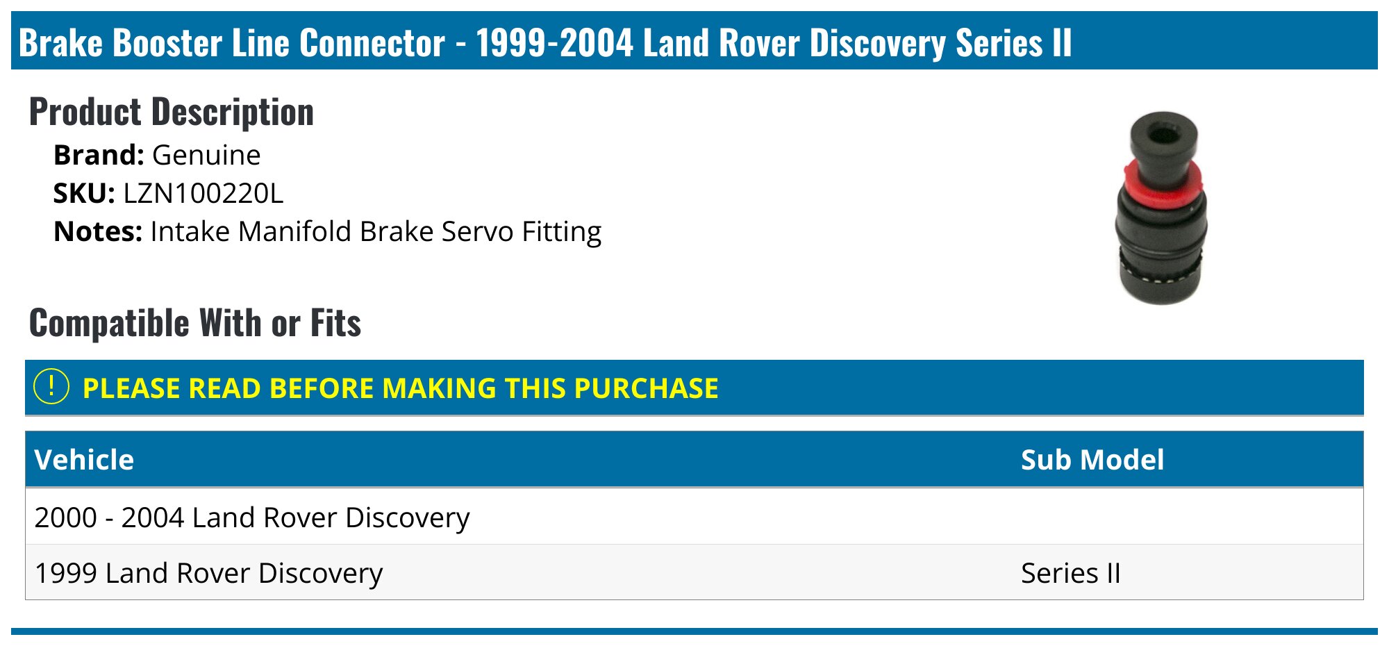 1999-2004 Land Rover Discovery Brake Booster Line Connector - Genuine ...