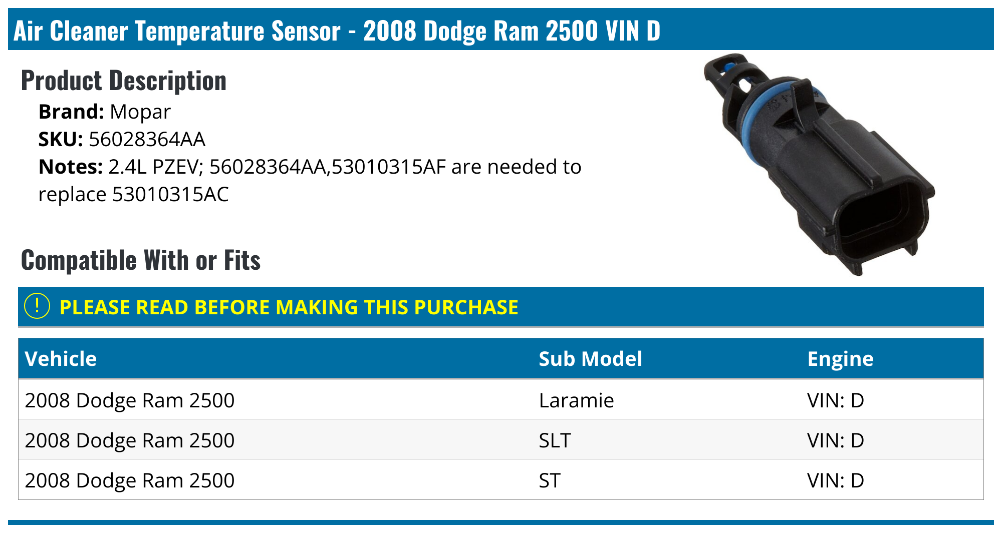 2008 Dodge Ram 2500 Air Cleaner Temperature Sensor - Mopar 56028364AA ...