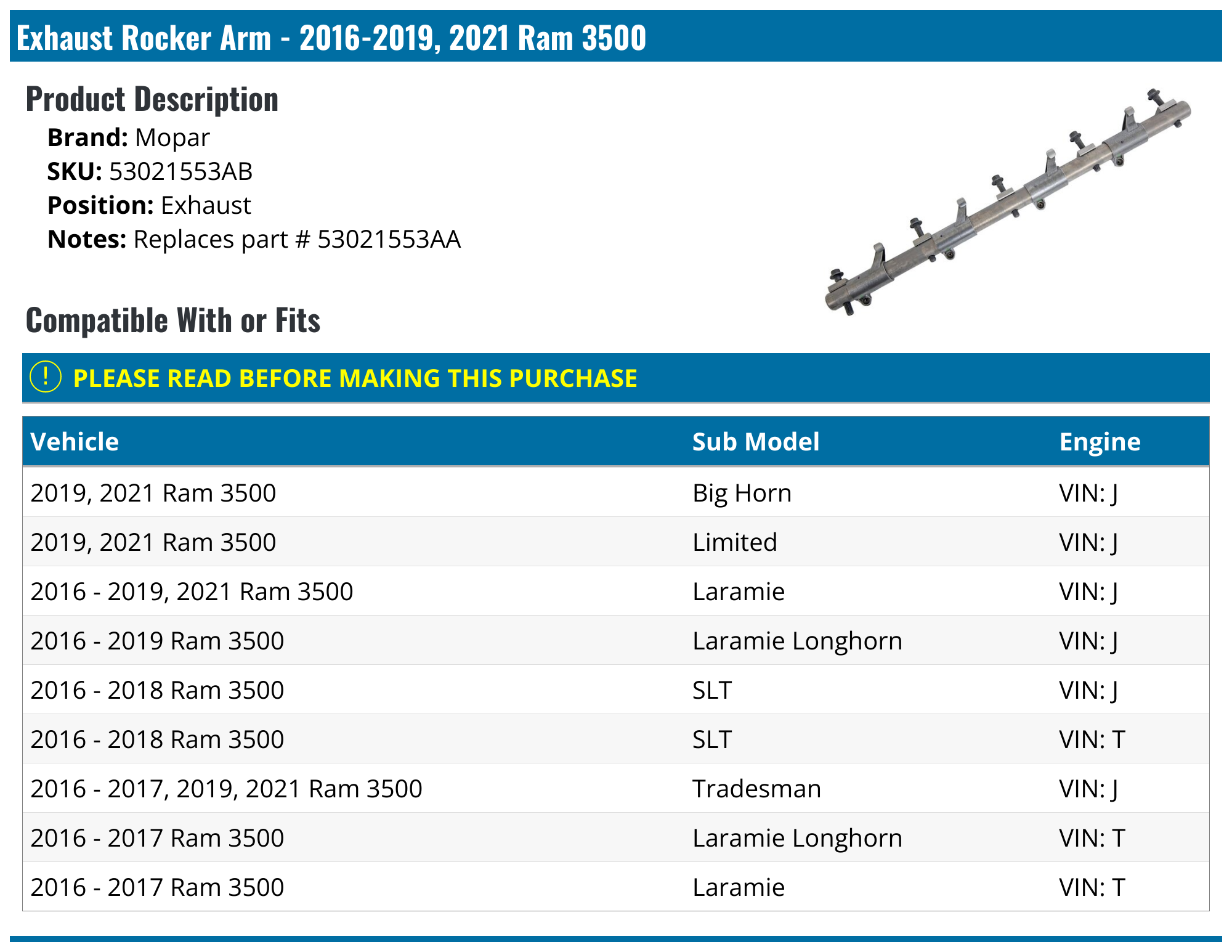 2016-2019, 2021 Ram 3500 Rocker Arm - Mopar 53021553AB - Exhaust ...