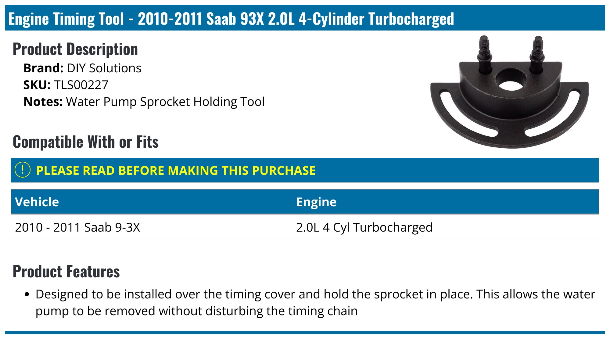 2010-2011 Saab 93X Engine Timing Tool - DIY Solutions TLS00227 ...