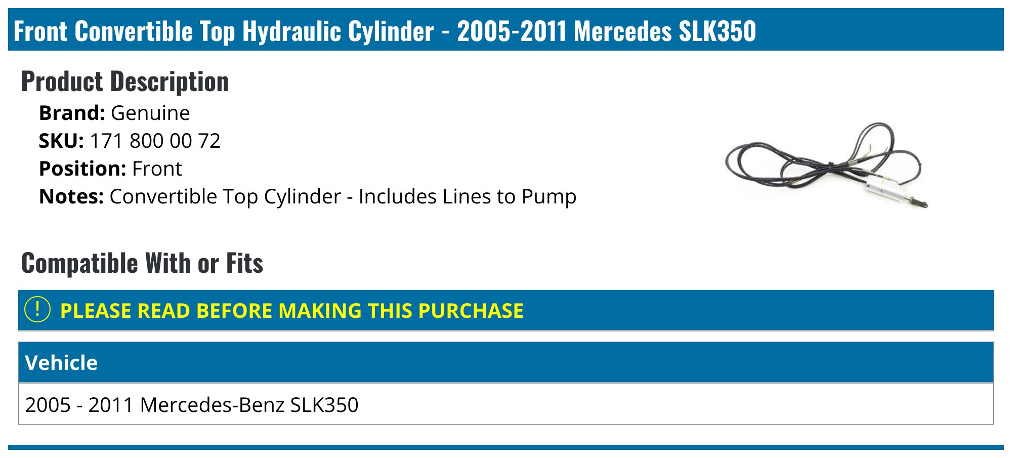 2005-2011 Mercedes SLK350 Convertible Top Hydraulic Cylinder - Genuine ...