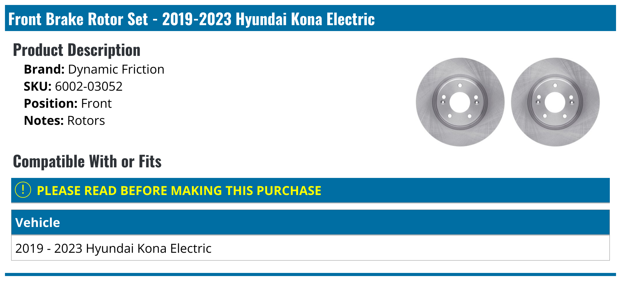 2019-2023 Hyundai Kona Electric Brake Rotor - Dynamic Friction 6002 ...
