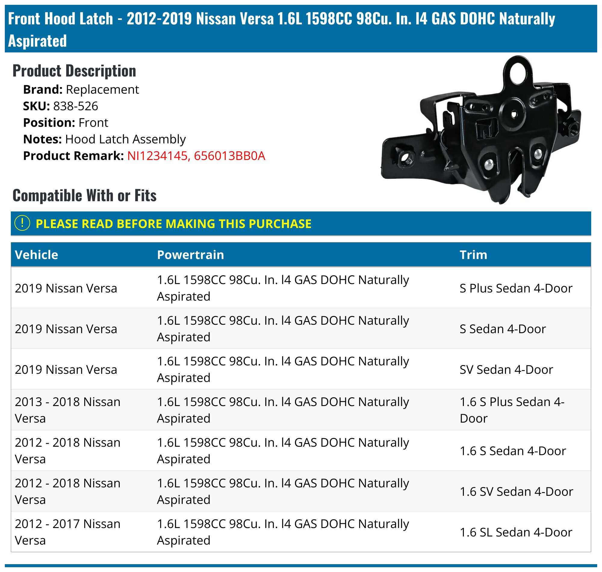 2012-2019 Nissan Versa Hood Latch - Replacement 838-526 - Front ...