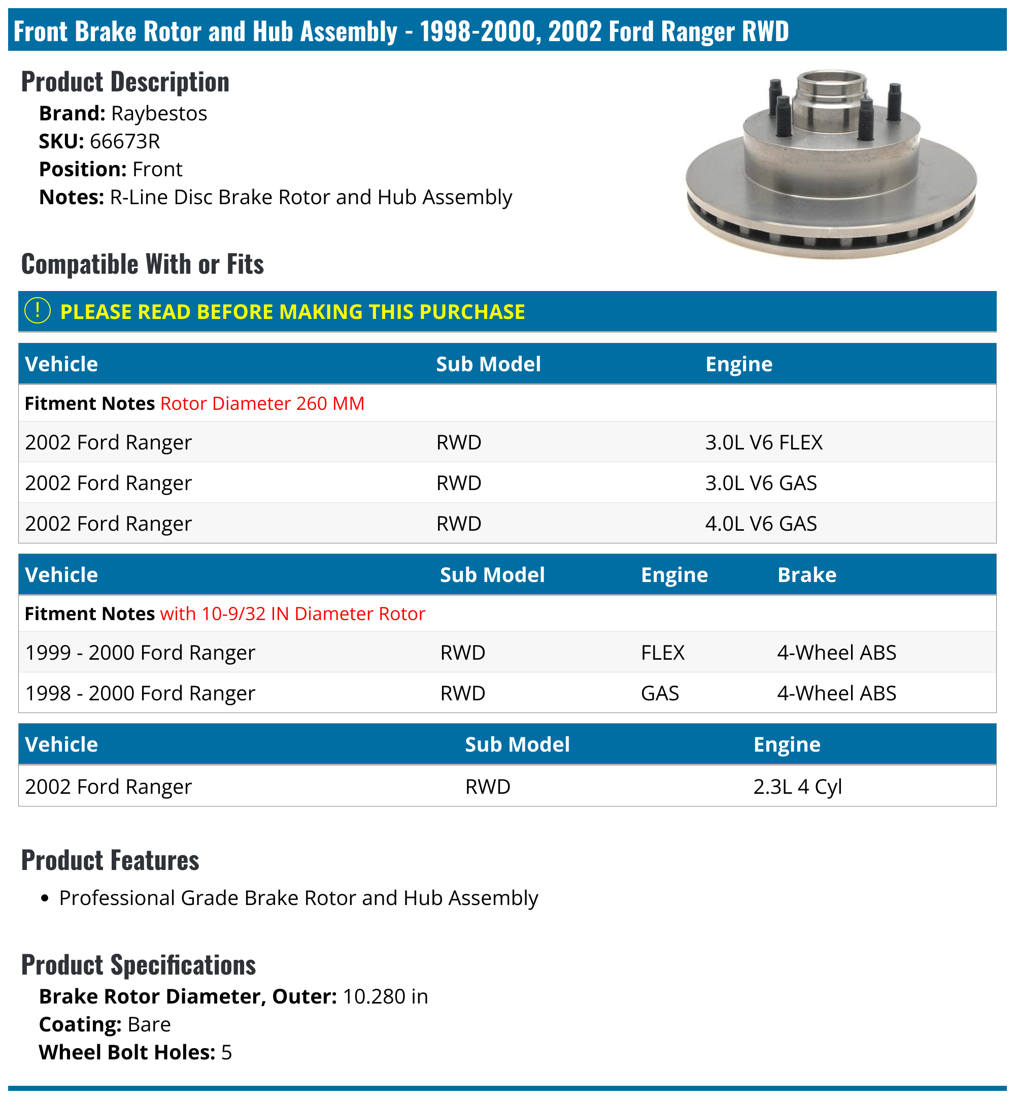 1998-2000, 2002 Ford Ranger Brake Rotor - Raybestos 66673R - Front ...