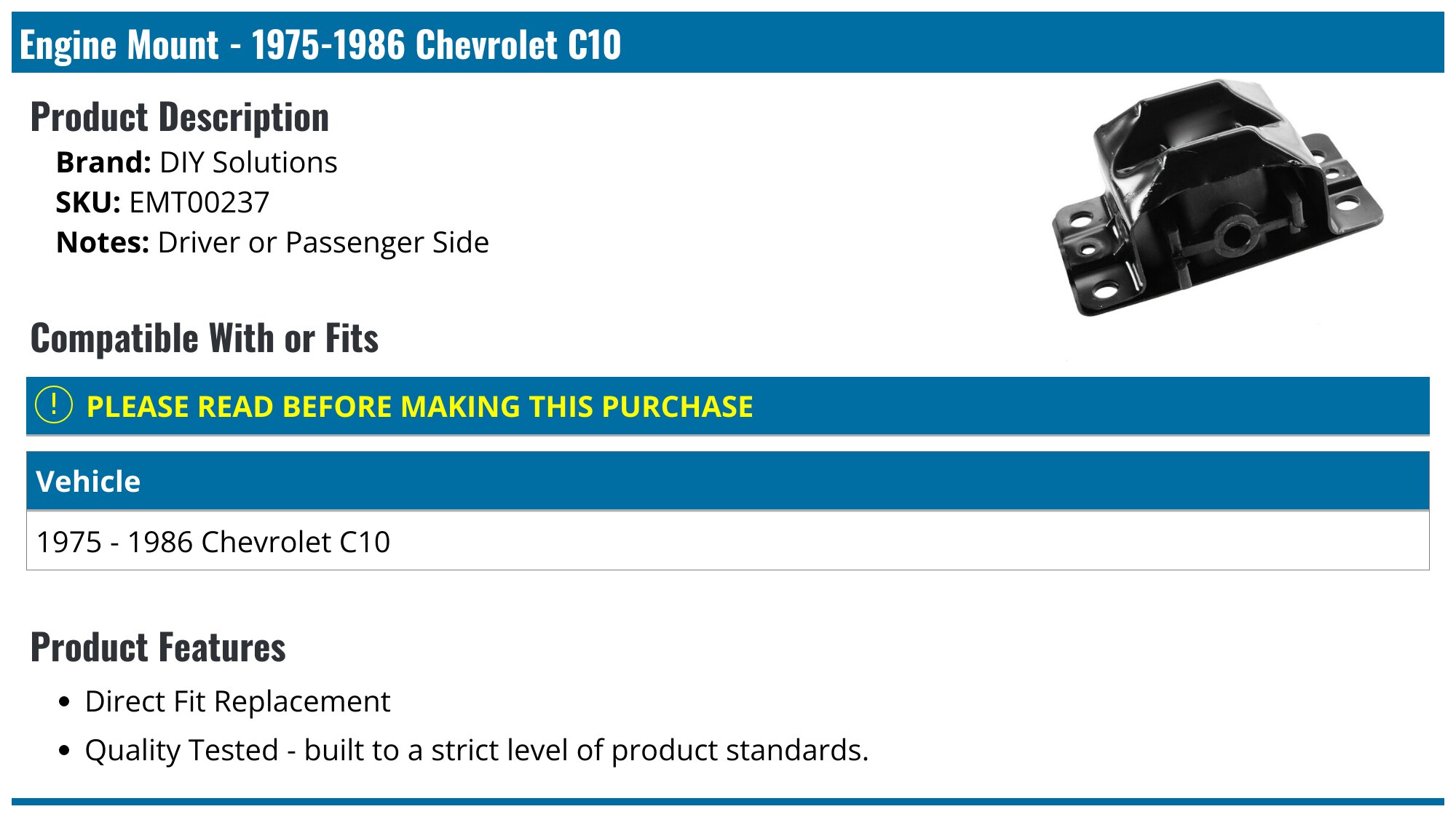 1975-1986 Chevrolet C10 Engine Mount - DIY Solutions EMT00237 ...
