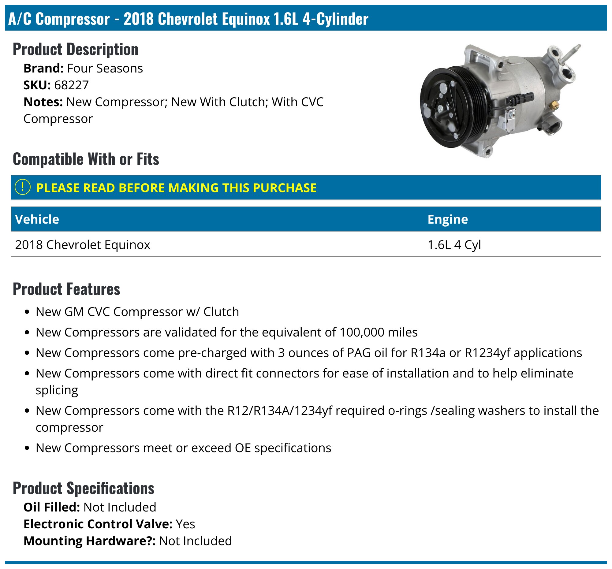 2018 Chevrolet Equinox A/C Compressor - Four Seasons 68227 - PartsGeek.com