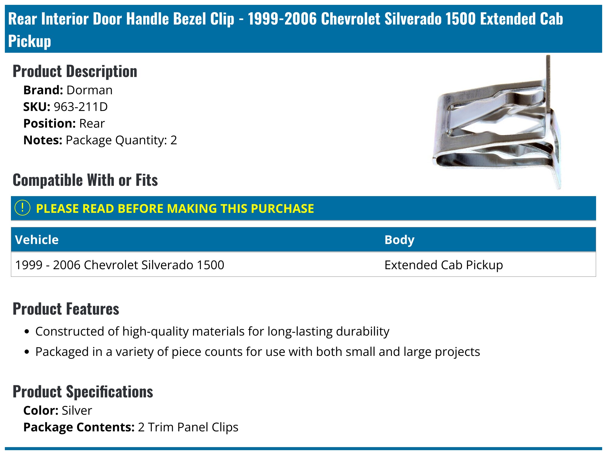 1999-2006 Chevrolet Silverado 1500 Interior Door Handle Bezel Clip ...