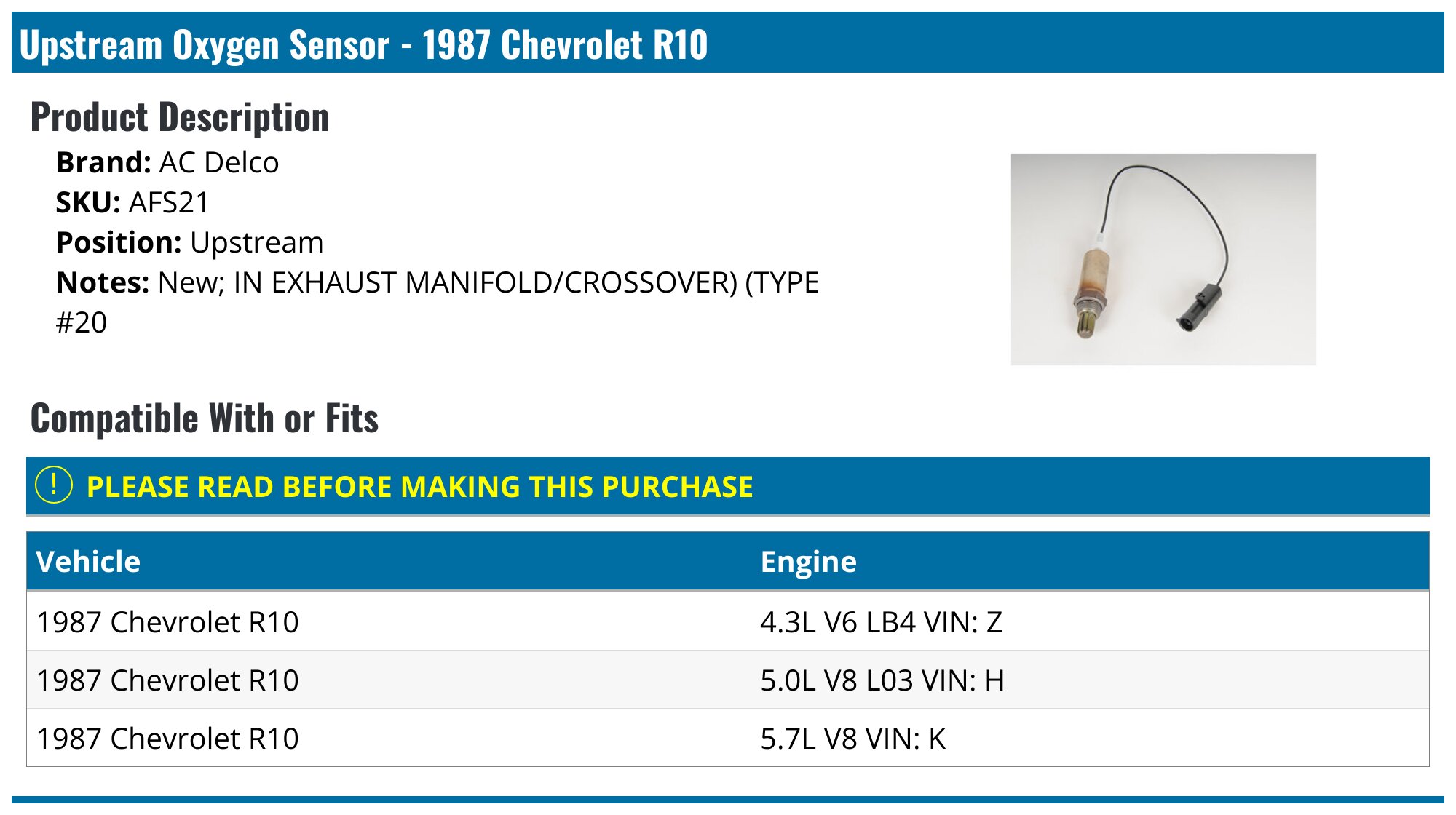 1987 Chevrolet R10 Oxygen Sensor - AC Delco AFS21 - Upstream ...