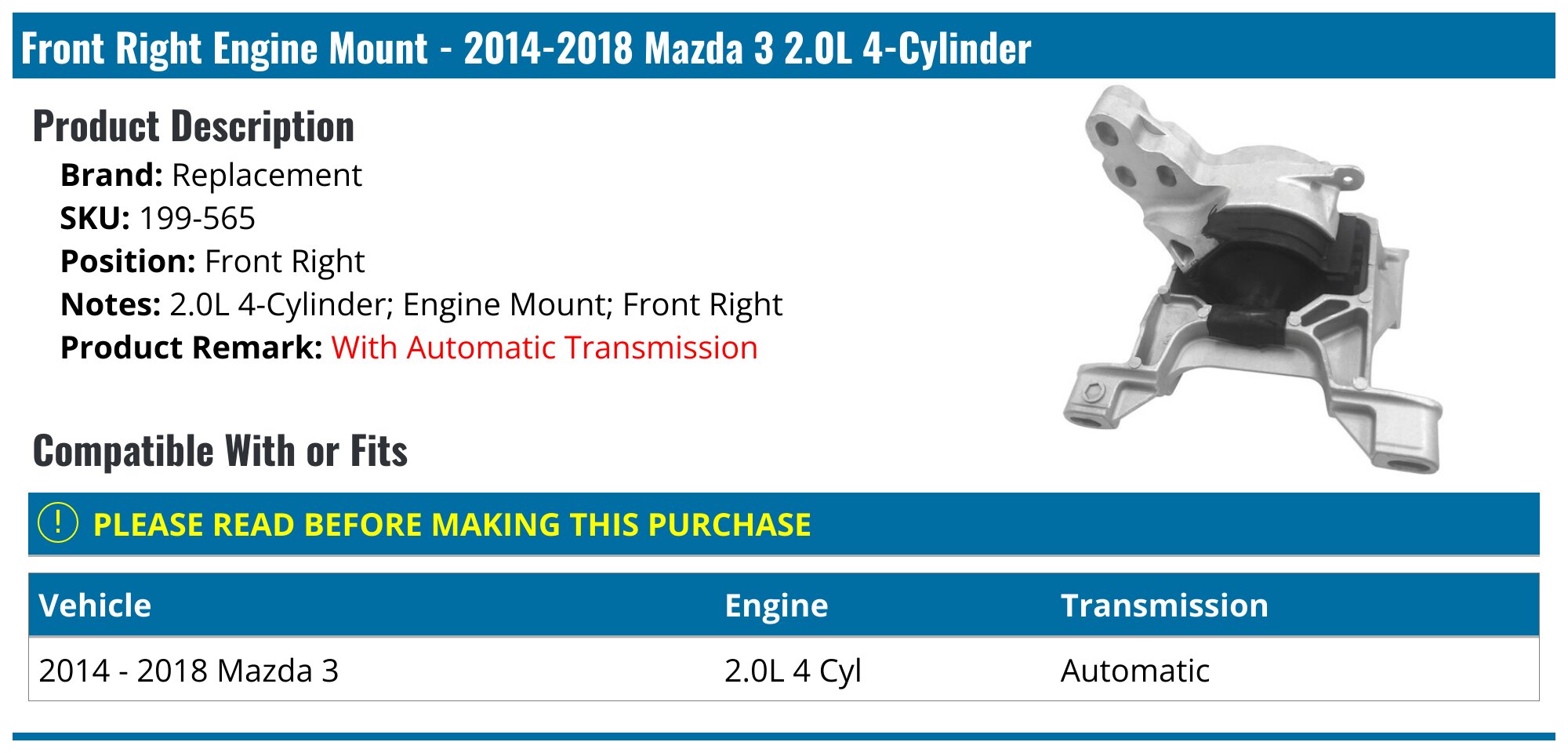 2014-2018 Mazda 3 Engine Mount - Replacement 199-565 - Front Right ...