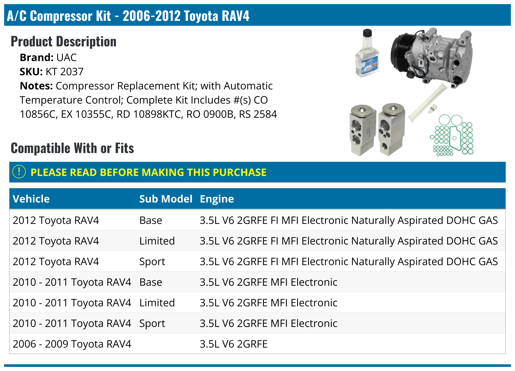 2006-2012 Toyota RAV4 A/C Compressor - UAC KT 2037 - PartsGeek.com