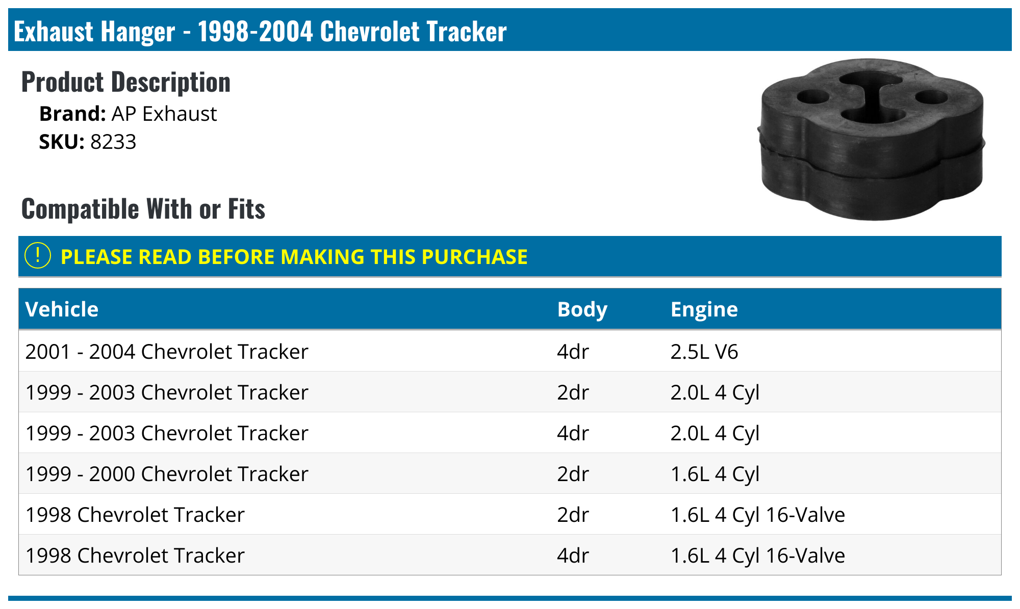1998-2004 Chevrolet Tracker Exhaust Hanger - AP Exhaust 8233 ...