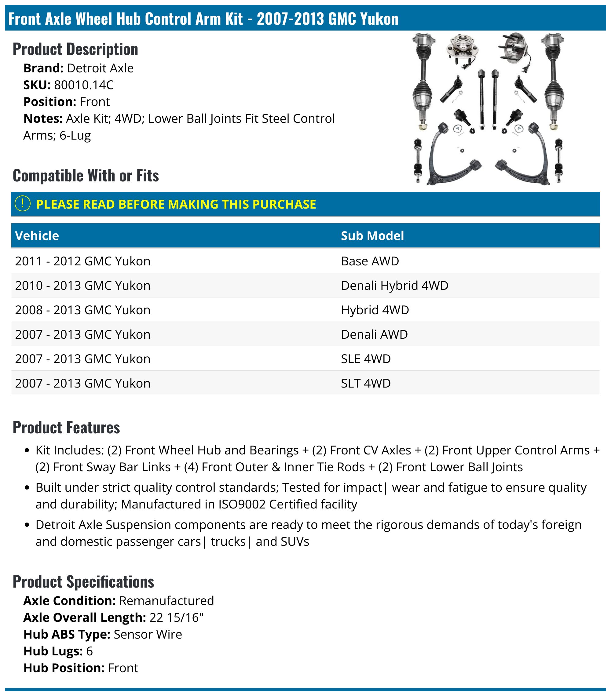 2007-2013 GMC Yukon Axle Assembly - Detroit Axle 80010.14C - Front ...