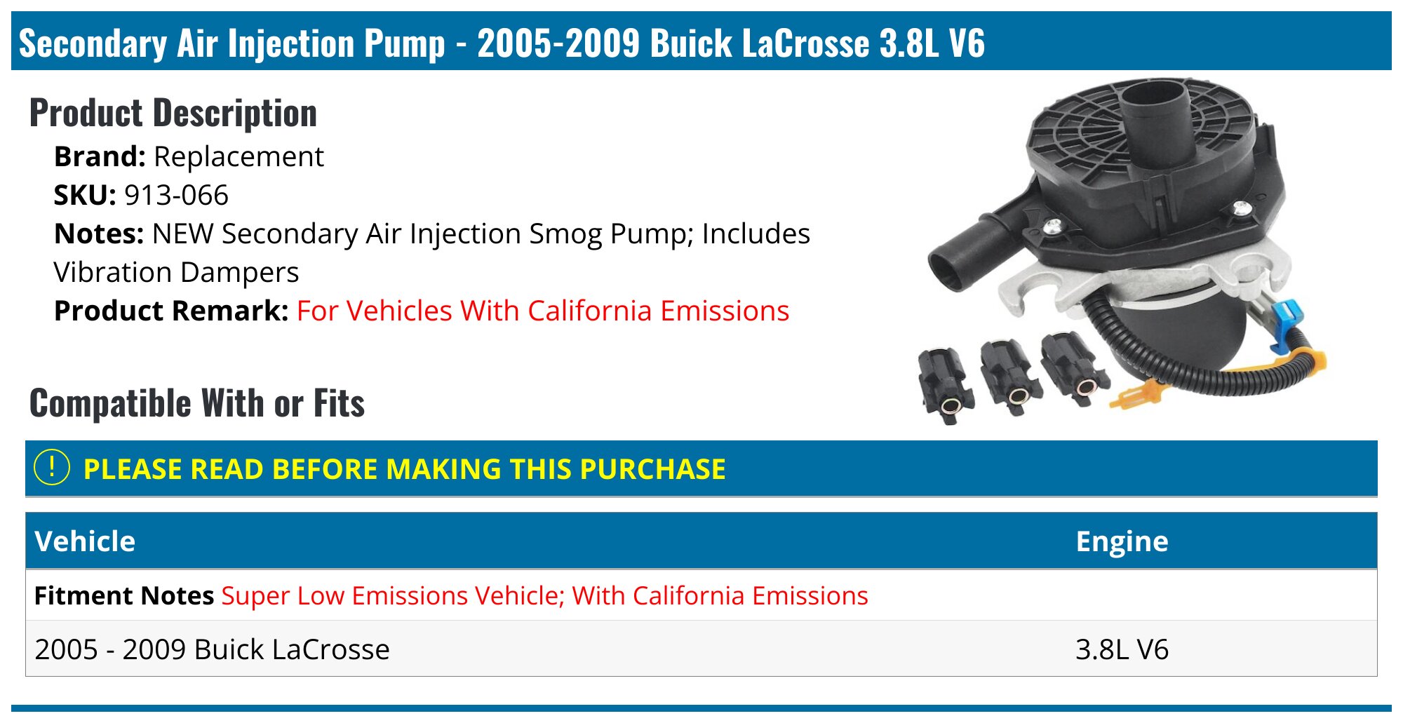 2005-2009 Buick LaCrosse Air Pump - Replacement 913-066 - - PartsGeek.com