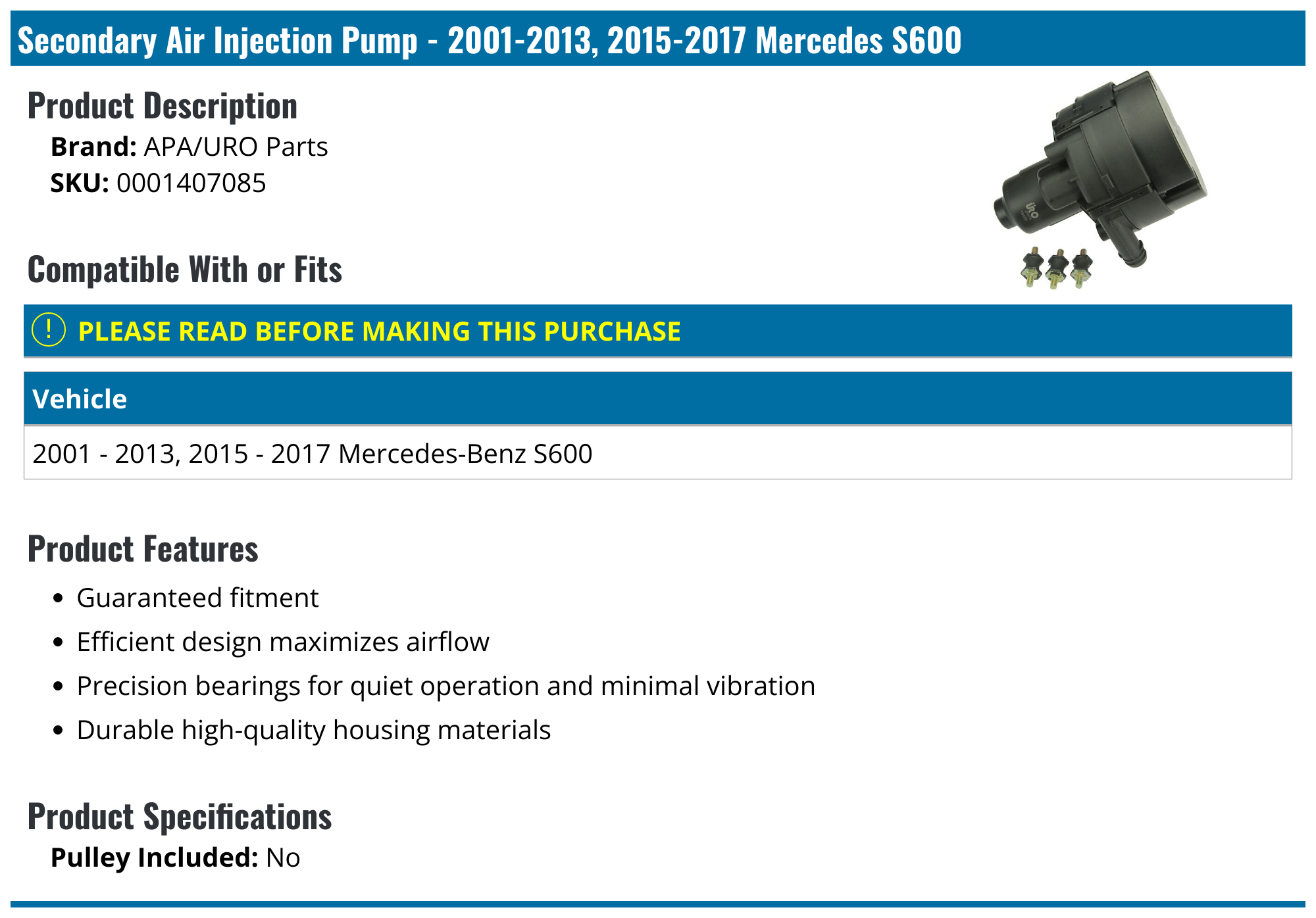 2001-2013, 2015-2017 Mercedes S600 Air Pump - APA/URO Parts 0001407085 ...