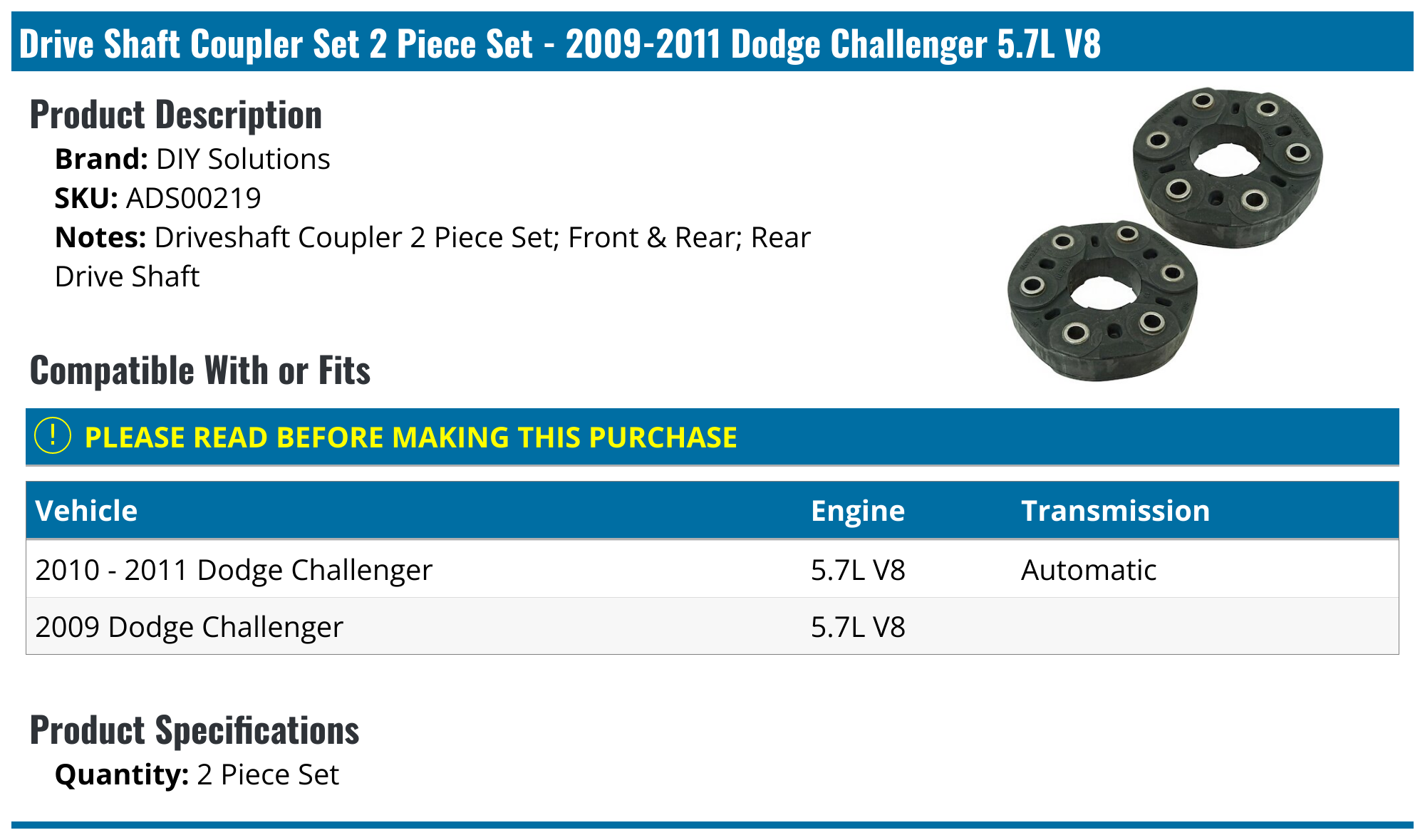 2009-2011 Dodge Challenger Drive Shaft Coupler - DIY Solutions ADS00219 ...