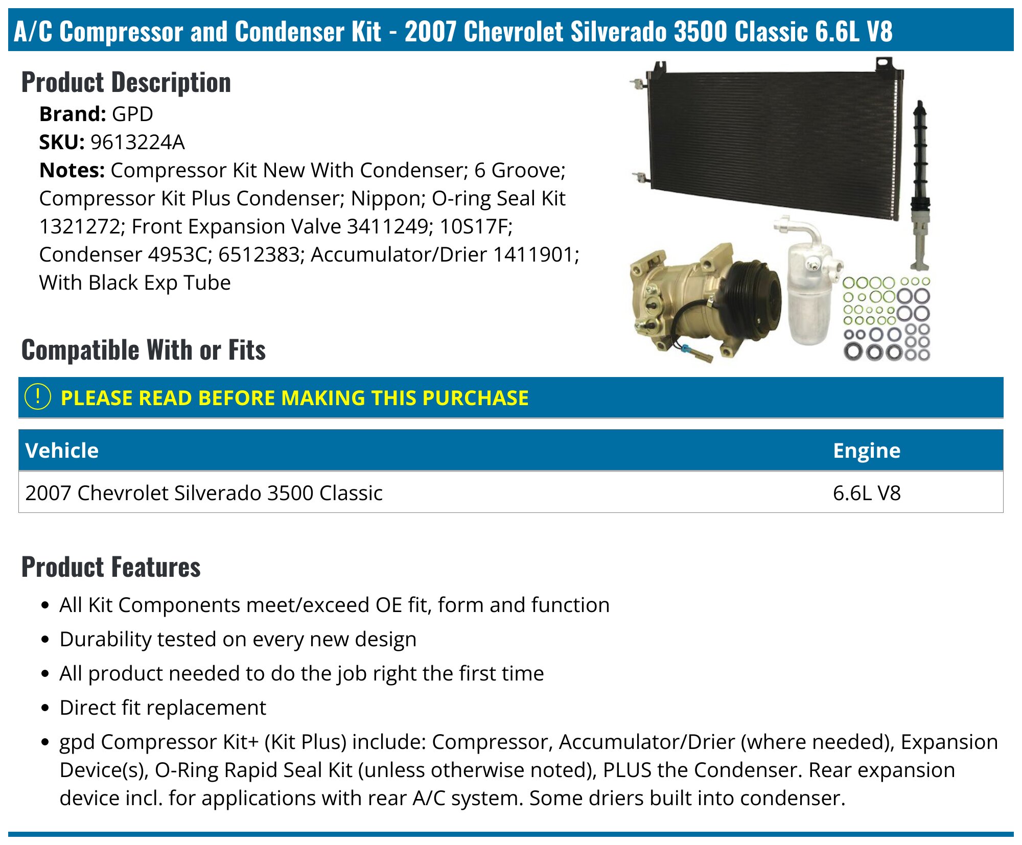 2007 Chevrolet Silverado 3500 Classic A/C Compressor - GPD 9613224A ...