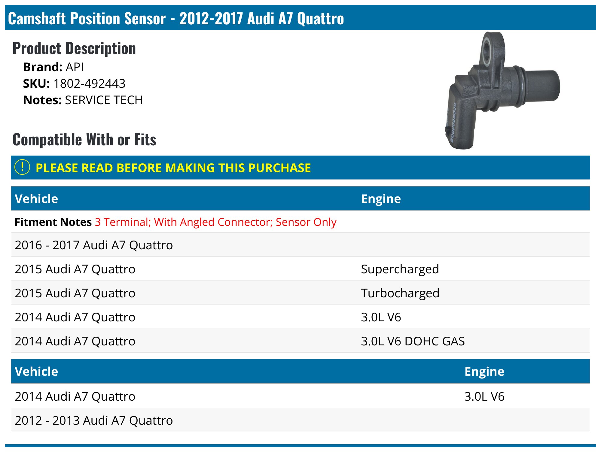 2012-2017 Audi A7 Quattro Camshaft Position Sensor - API 118546 ...