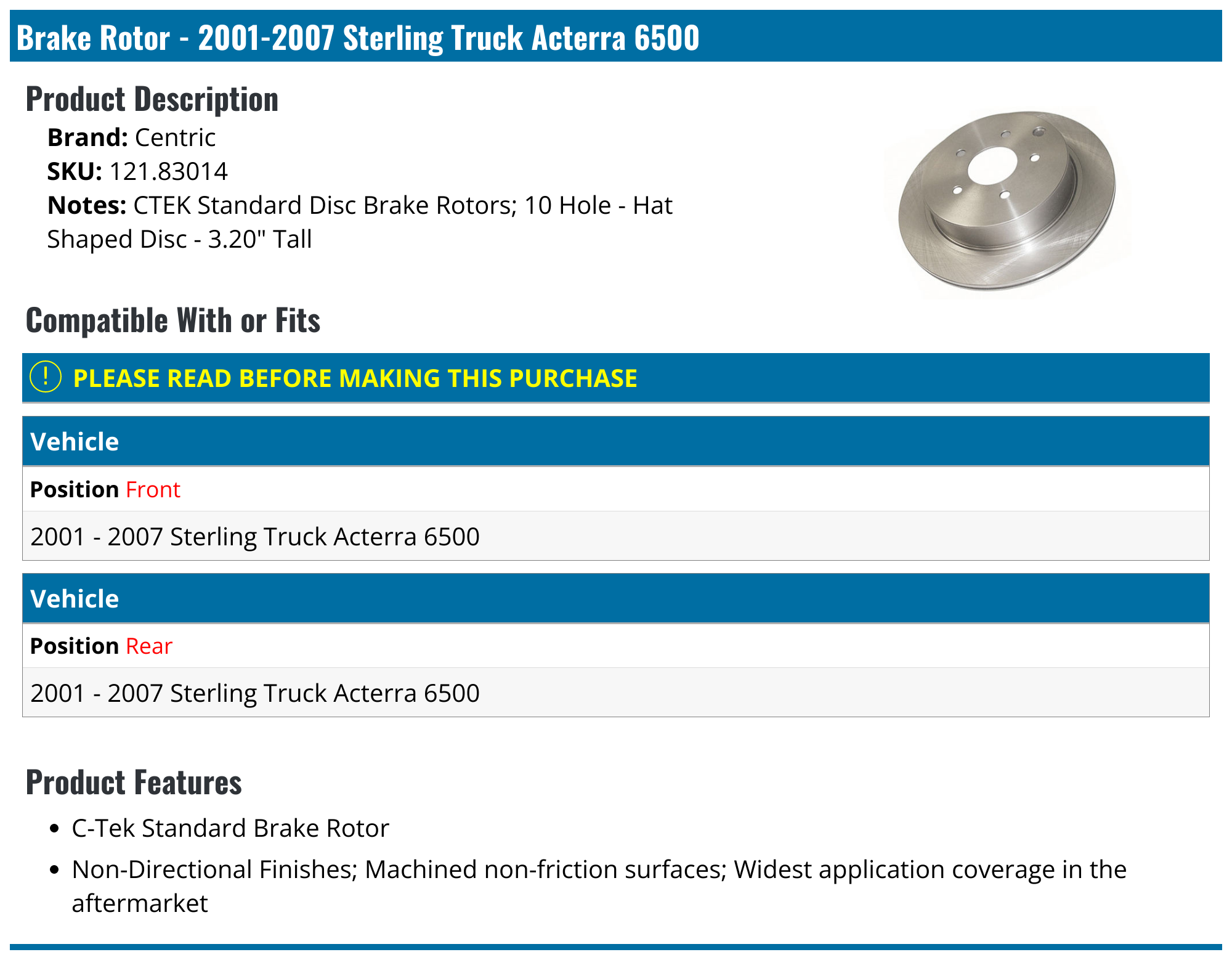 2001-2007 Sterling Truck Acterra 6500 Brake Rotor - Centric 121.83014 ...