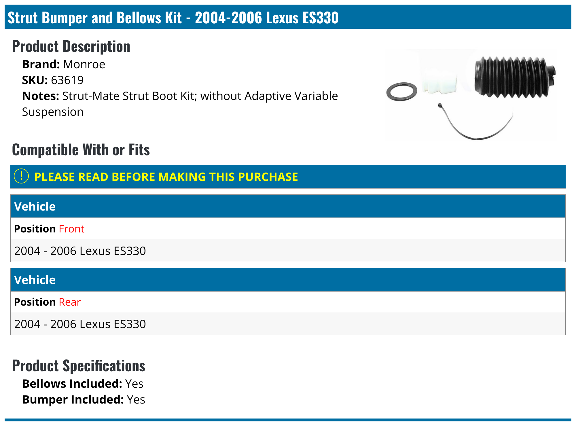 2004-2006 Lexus ES330 Strut Bumper and Bellows Kit - Monroe 63619 ...
