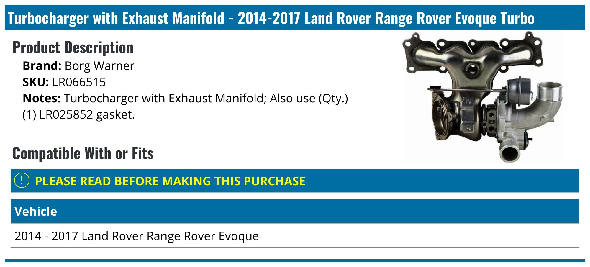 2014-2017 Land Rover Range Rover Evoque Turbocharger - Borg Warner ...