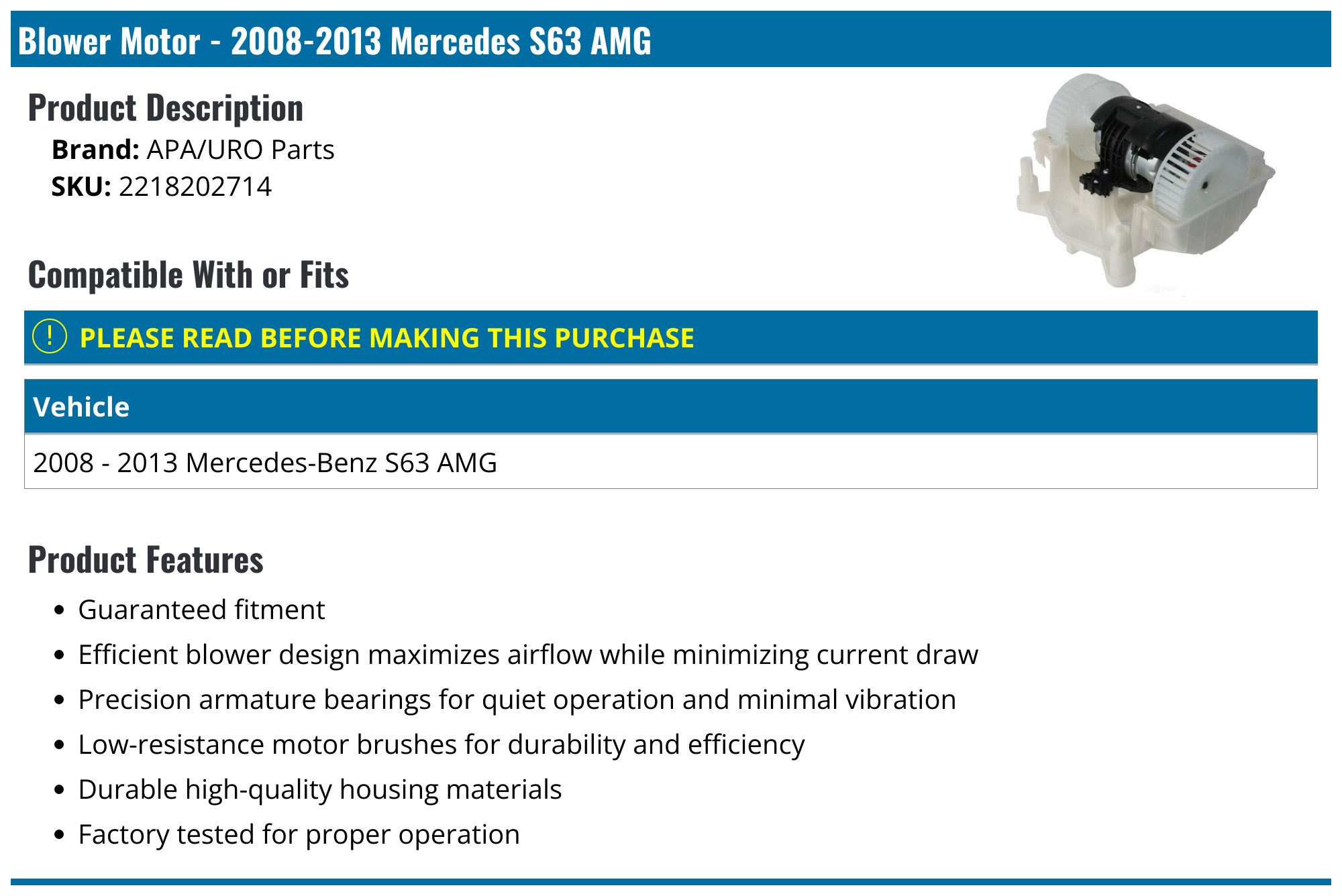 2008-2013 Mercedes S63 AMG Blower Motor - APA/URO Parts 2218202714 ...